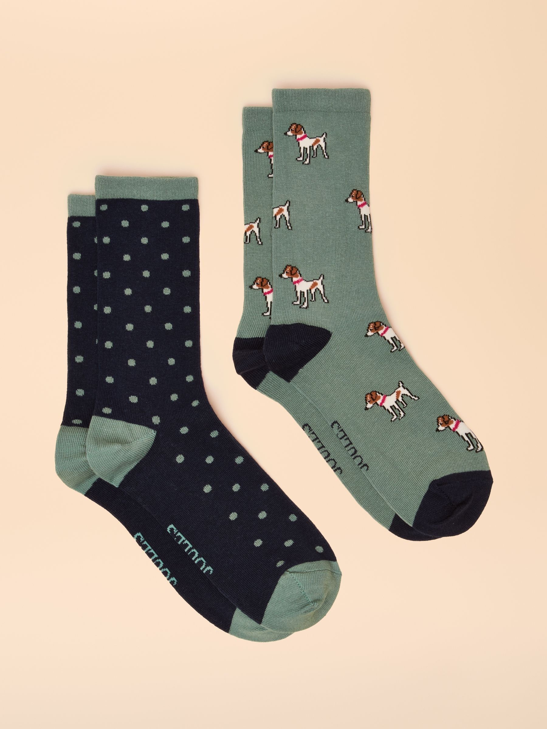 Buy Joules Women's Everyday Green & Navy Dog Cotton Blend Socks 2 Pack ...