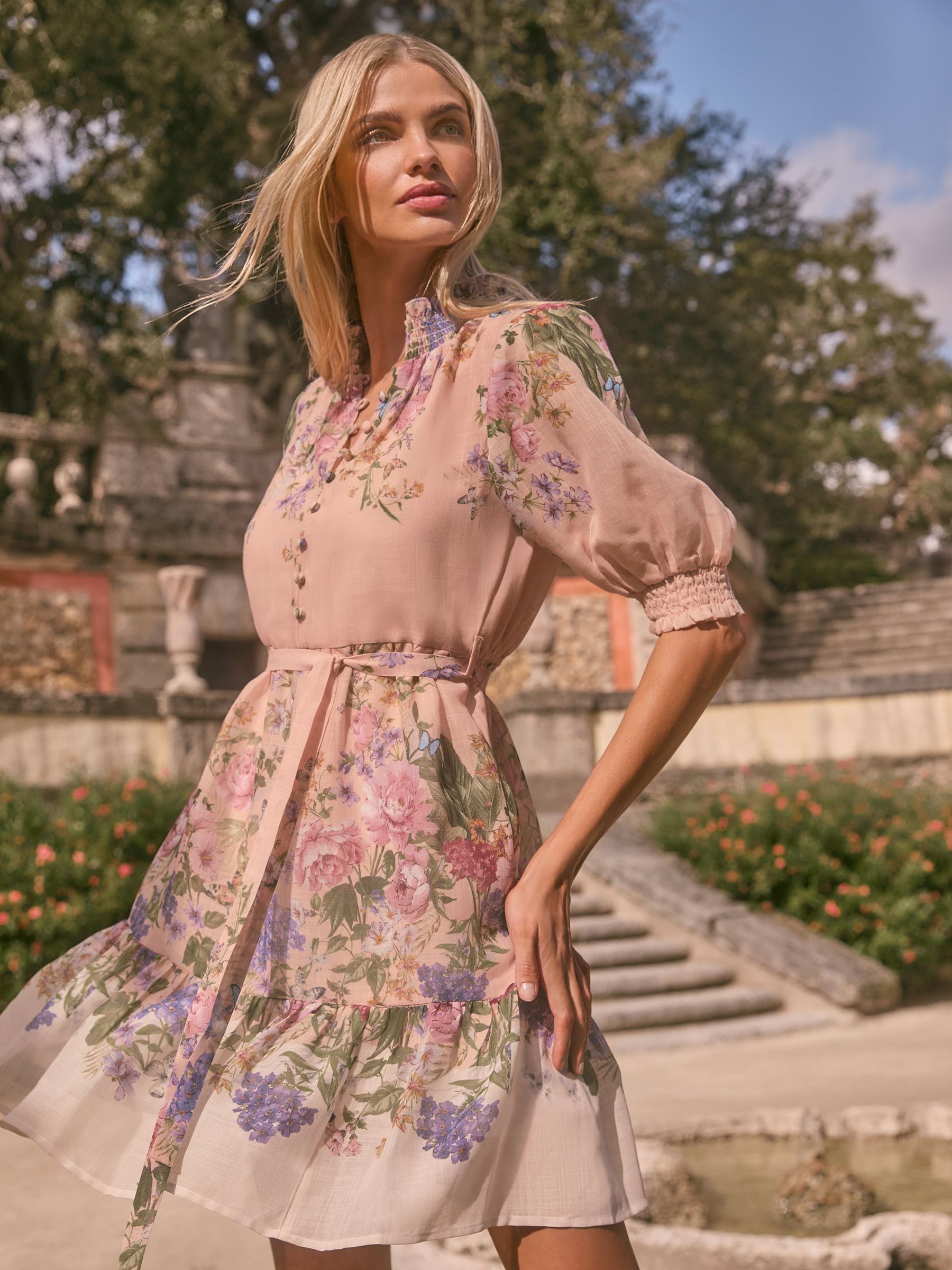 Buy Lipsy Pink Floral Short Sleeve Linen Look Mini Shirt Dress from the ...