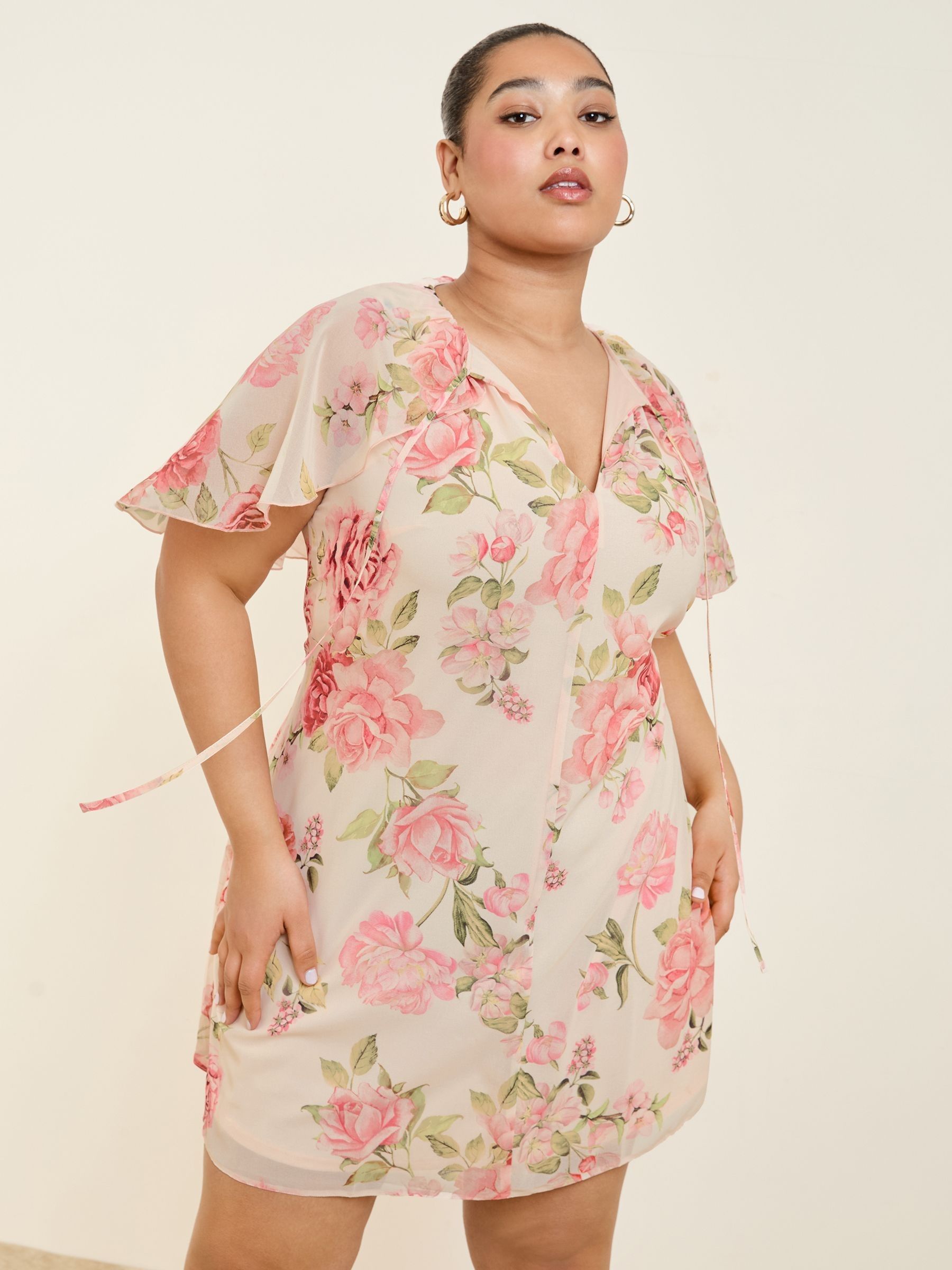 Buy Lipsy Pink Floral Print Curve Print Flutter Sleeve Mini Shift Dress ...
