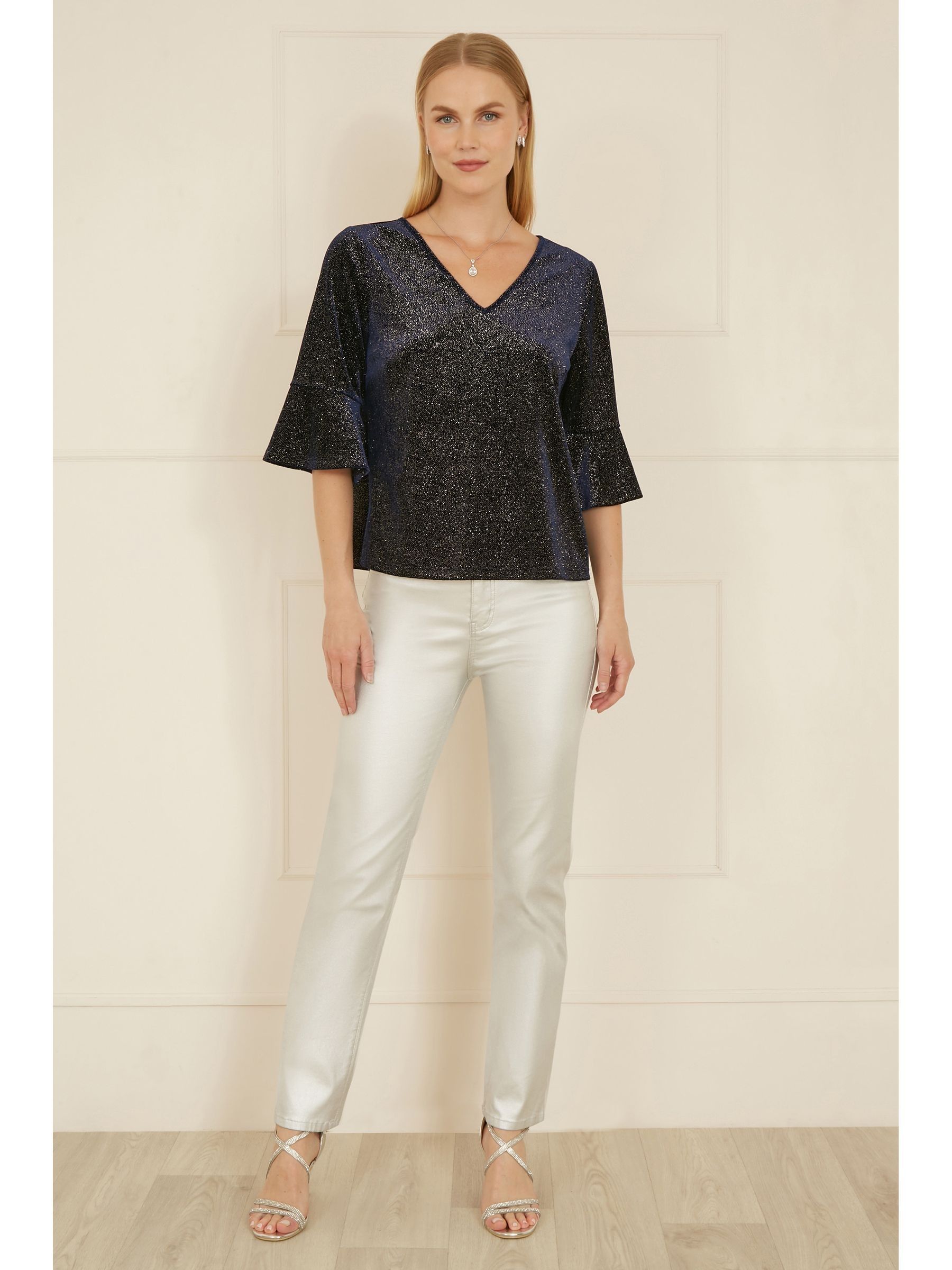 Buy Yumi Blue Relaxed Fit Sparkle Velvet Top With Fluted Sleeves from ...