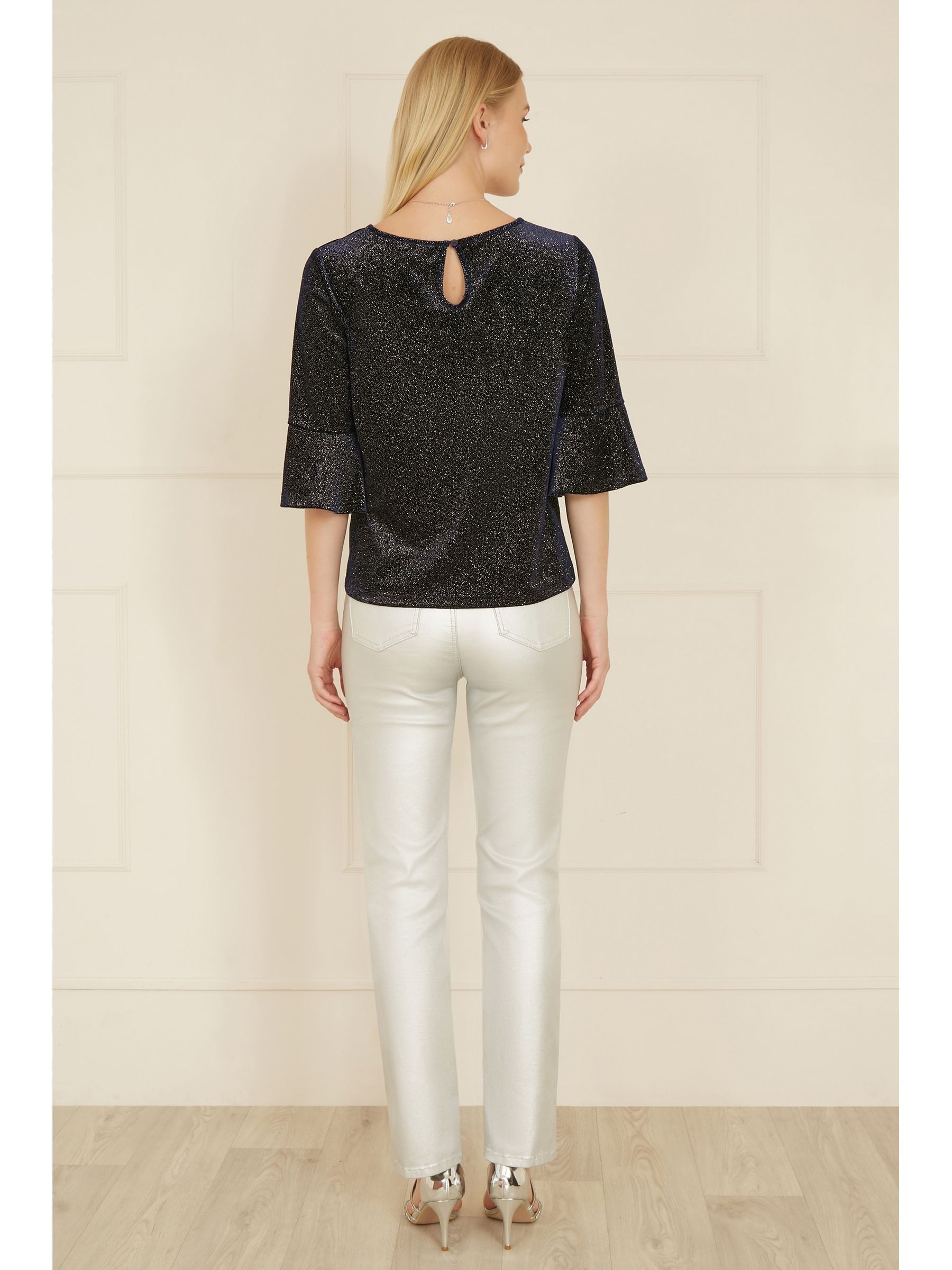 Buy Yumi Blue Relaxed Fit Sparkle Velvet Top With Fluted Sleeves from ...