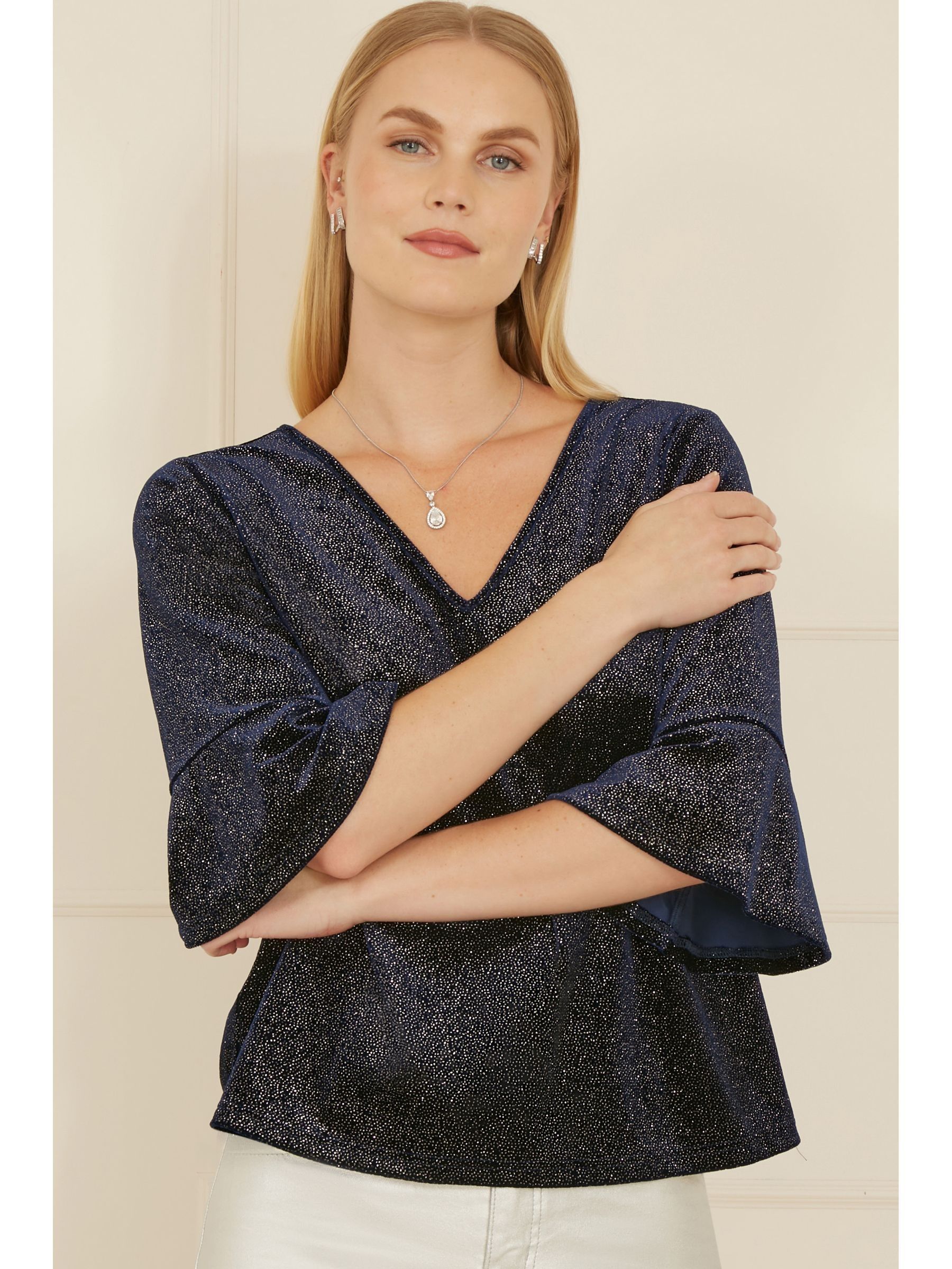 Buy Yumi Blue Relaxed Fit Sparkle Velvet Top With Fluted Sleeves from ...