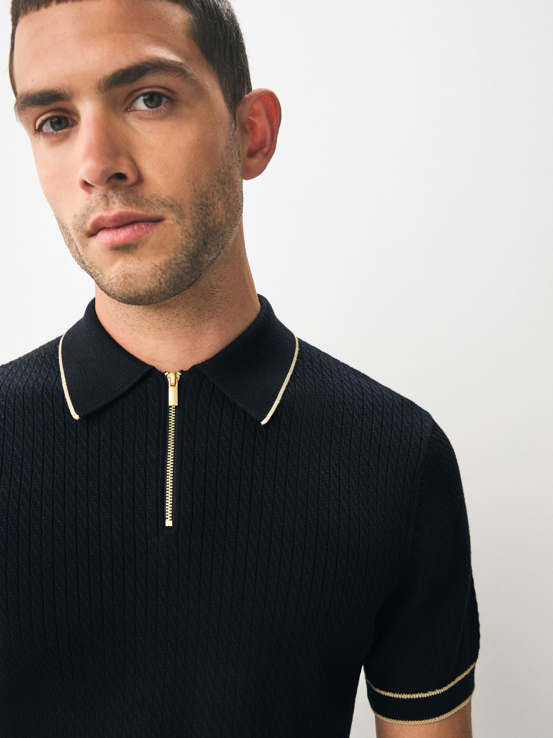 Buy Black Slim Fit Cotton Rich Tipped Short Sleeve Quarter Zip Knit ...