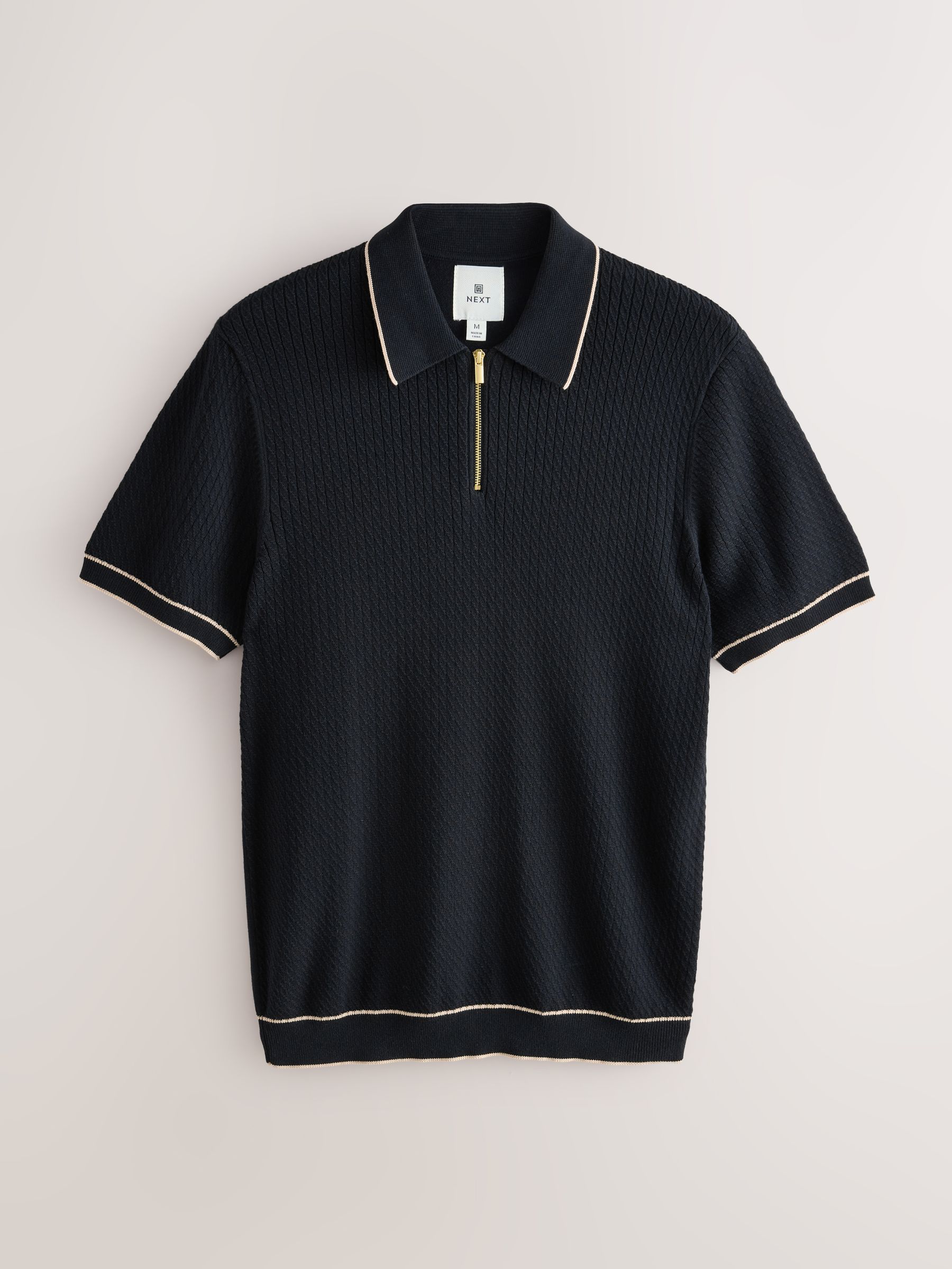 Buy Black Slim Fit Cotton Rich Tipped Short Sleeve Quarter Zip Knit ...