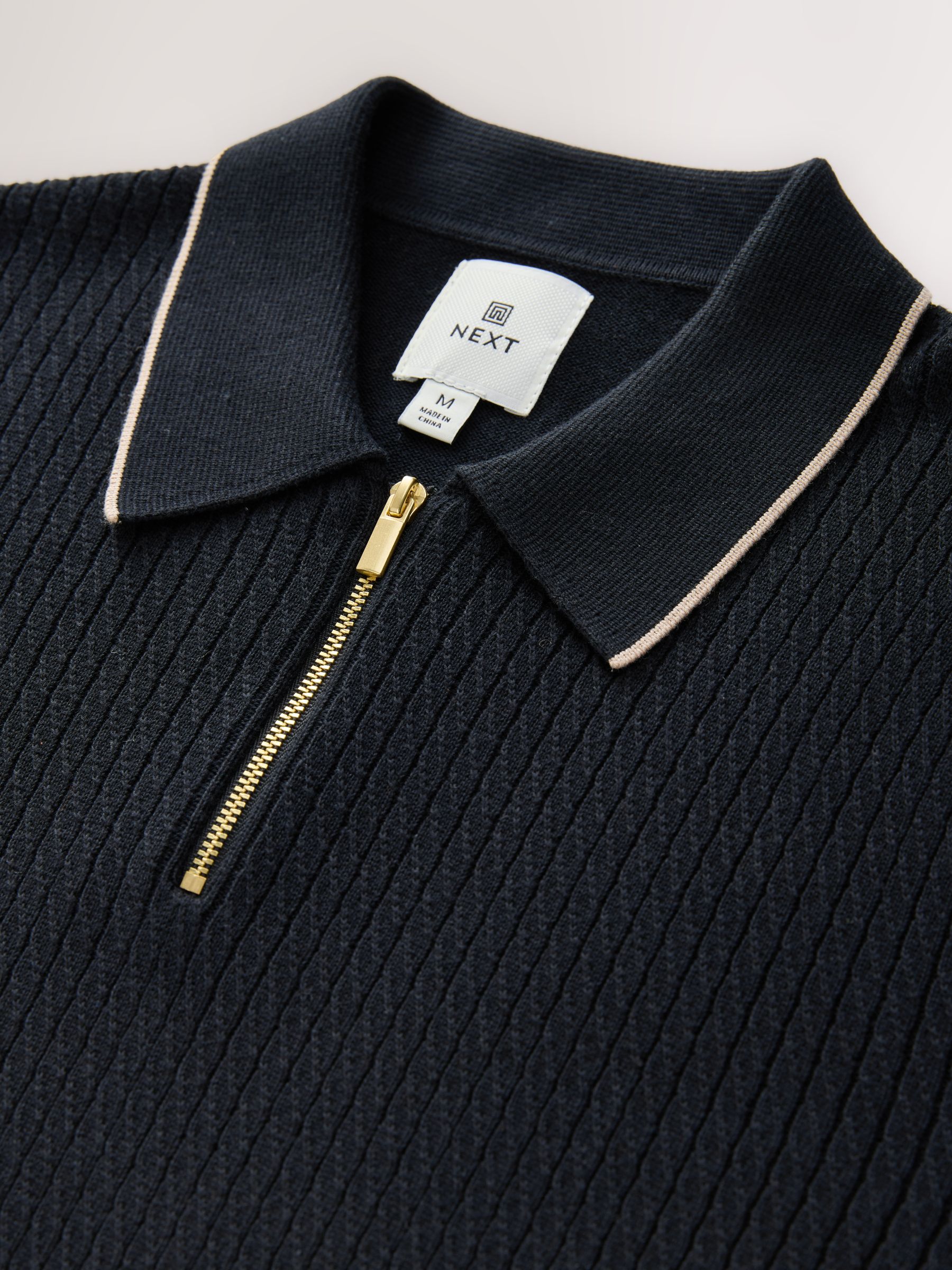 Buy Black Slim Fit Cotton Rich Tipped Short Sleeve Quarter Zip Knit ...