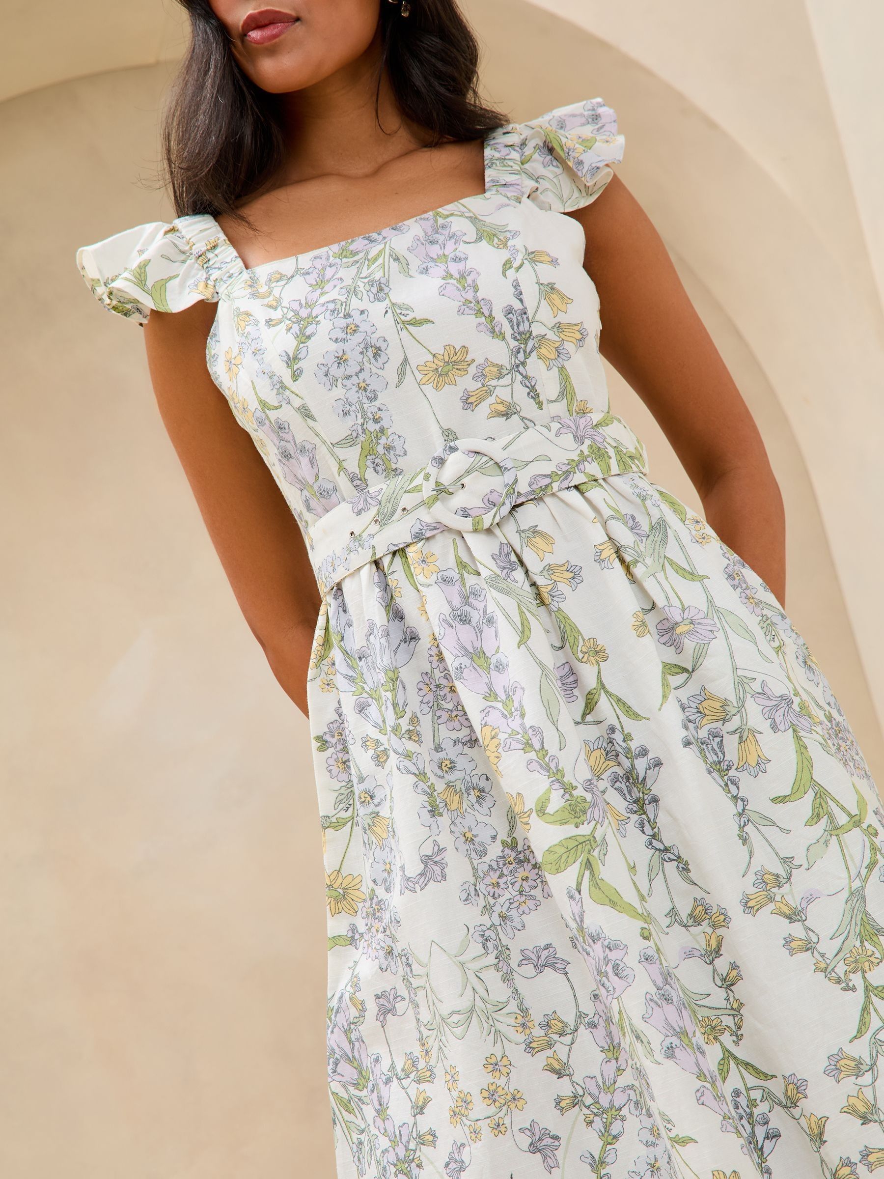 Buy Lipsy White Lilac Floral Linen Look Frill Sleeve Belted Prom Fit ...