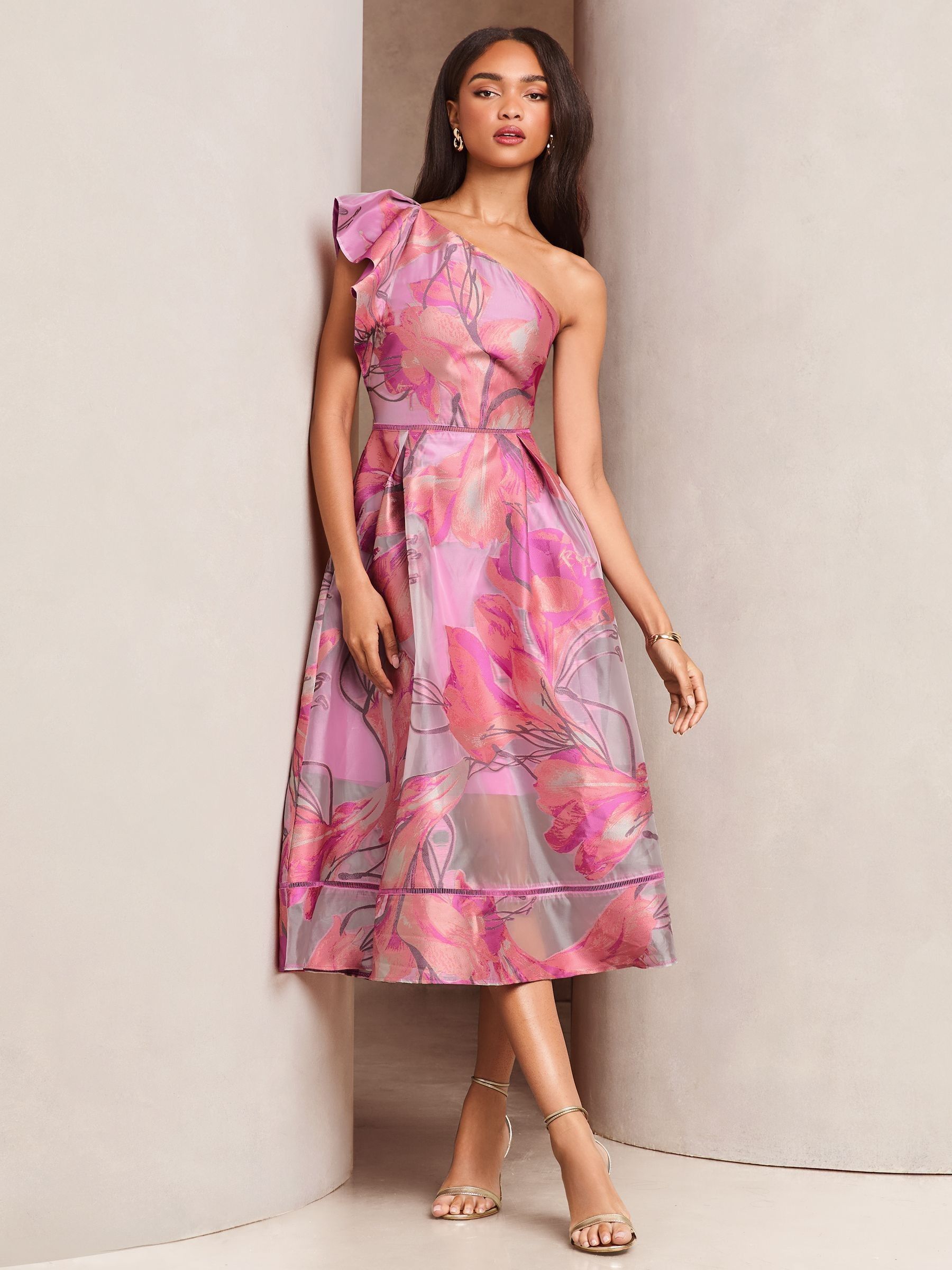 Buy Lipsy Pink Petite Premium Frill One Shoulder Floral Jacquard Prom ...