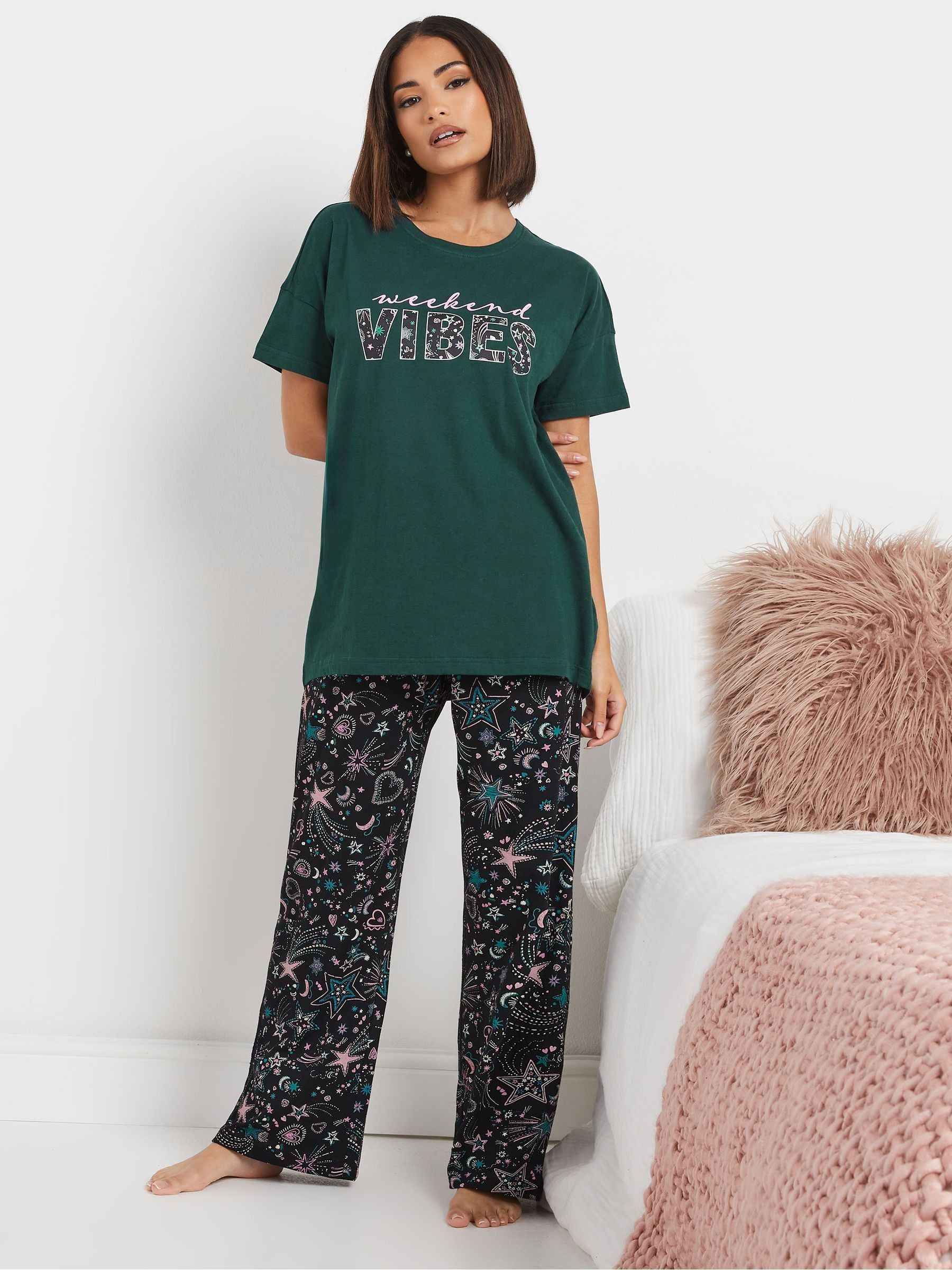 Buy PixieGirl Petite Green Weekend Vibes Slogan 100% Cotton Pyjamas Set ...