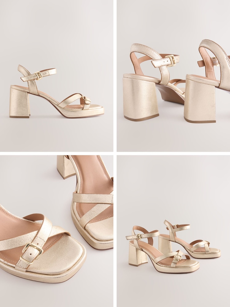 Buy Gold Forever Comfort® Leather Square Toe Strappy Buckle Detail ...