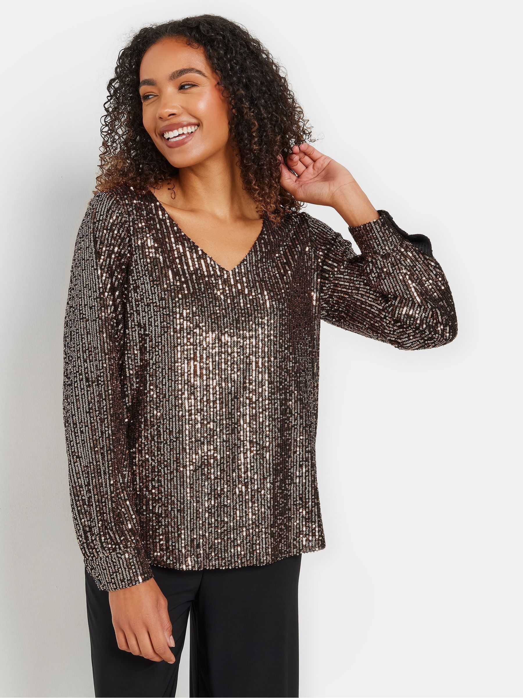 Buy M&Co Gold V-Neck Long Sleeve Sequin Top from the Next UK online shop