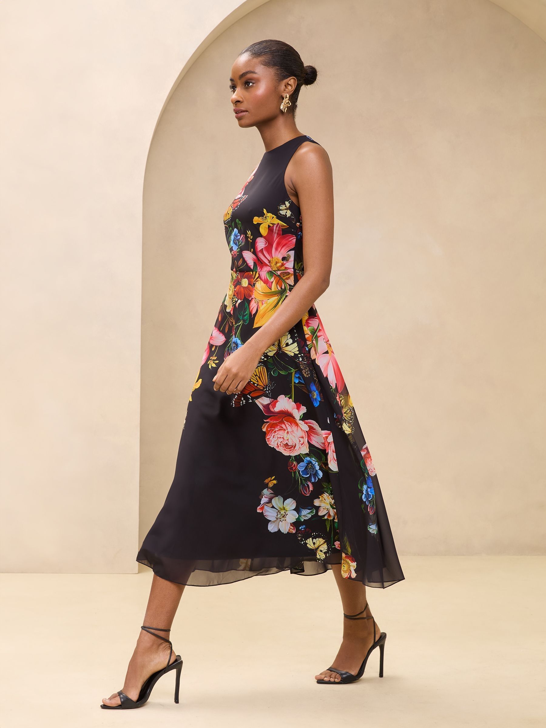 Buy Lipsy Black Floral Printed Chiffon Fit And Flare Midi Dress from ...