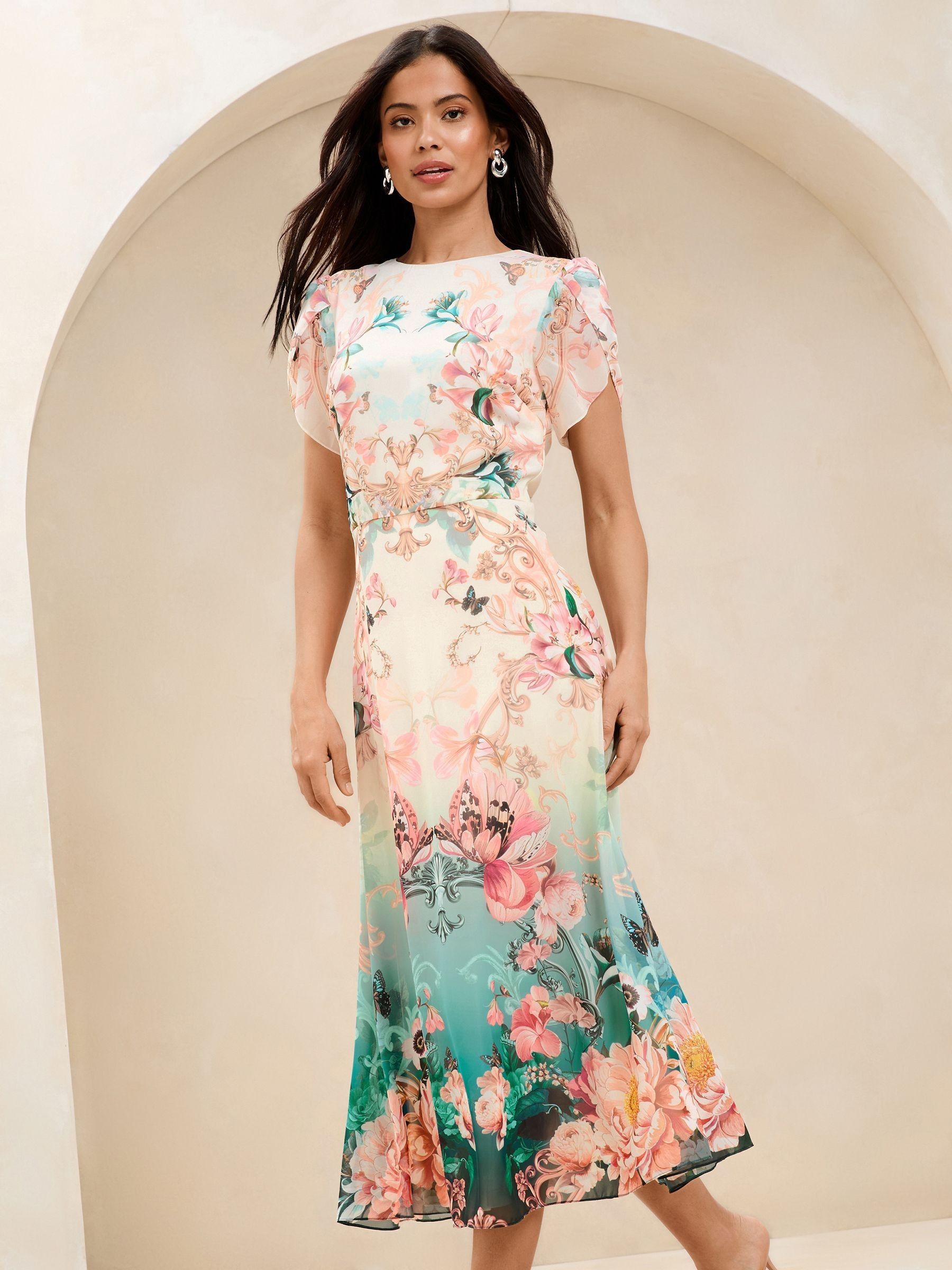 Buy Lipsy White Printed Petite Ombre Floral Print Tulip Sleeve Fit And ...