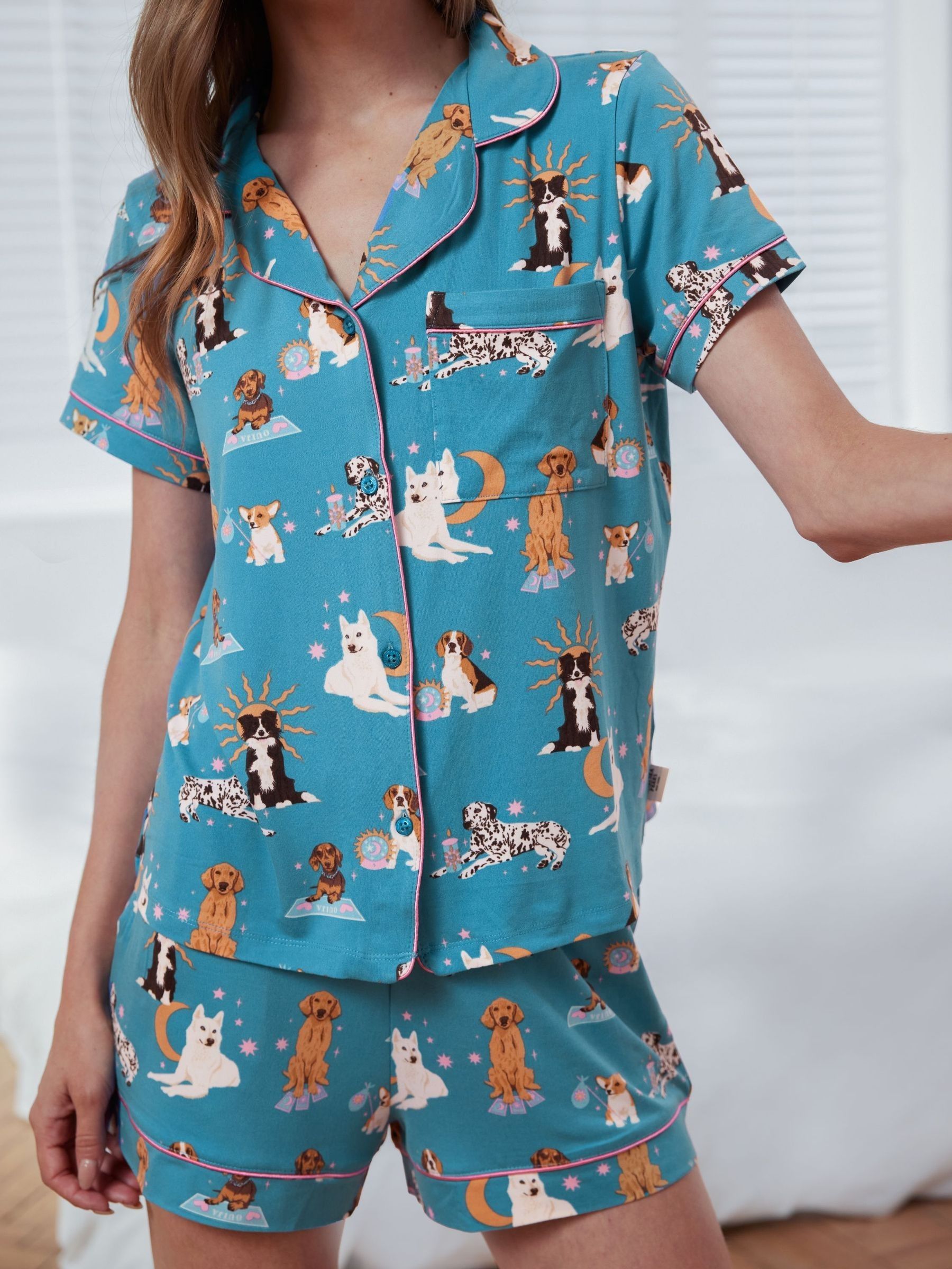 Buy Chelsea Peers Blue Mystic Dogs Print Short Pyjama Set from the Next ...