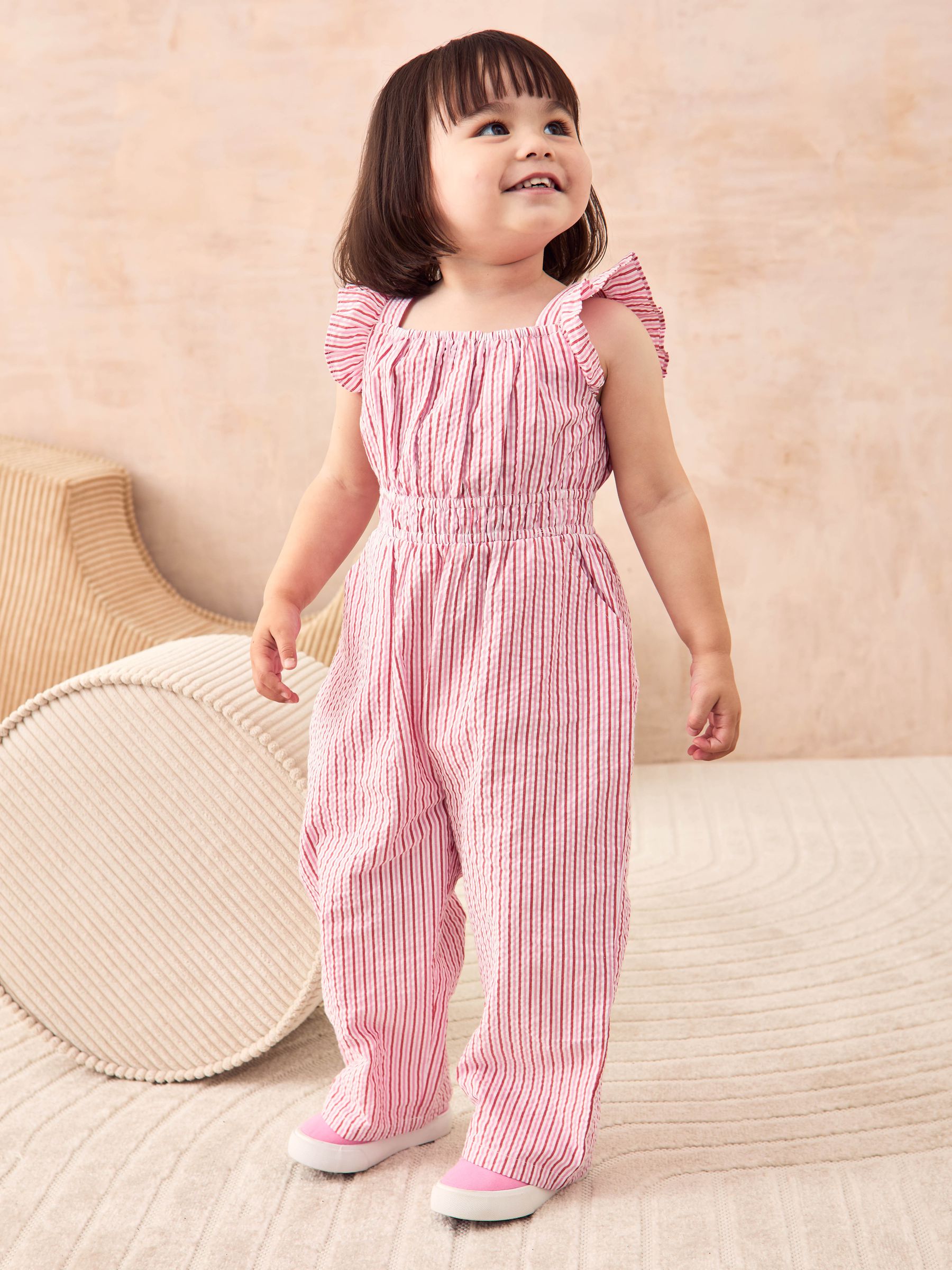 Buy JoJo Maman Bébé Pink Seersucker Stripe Frill Sleeve Jumpsuit from ...