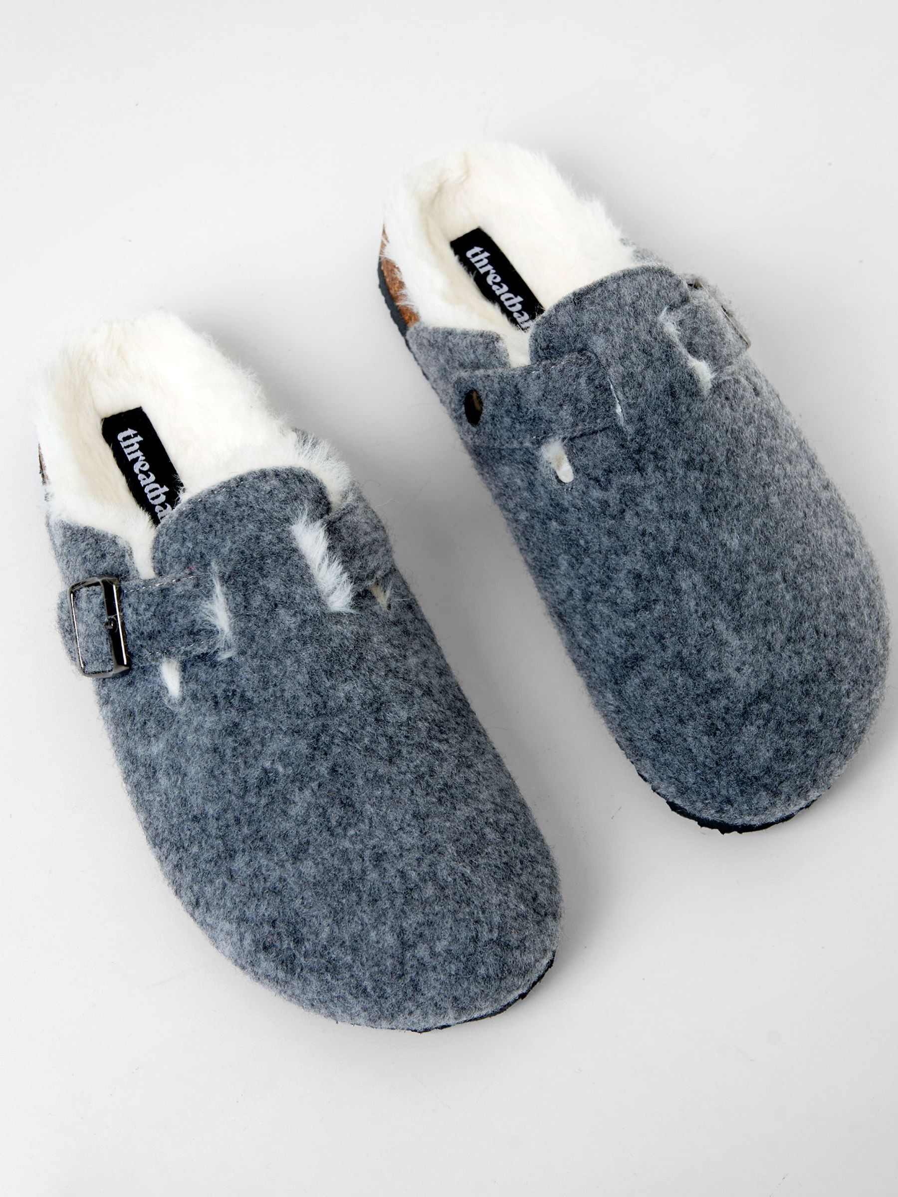 Buy Threadbare Grey Felt Faux Fur Lined Clog Mule Slippers from the ...