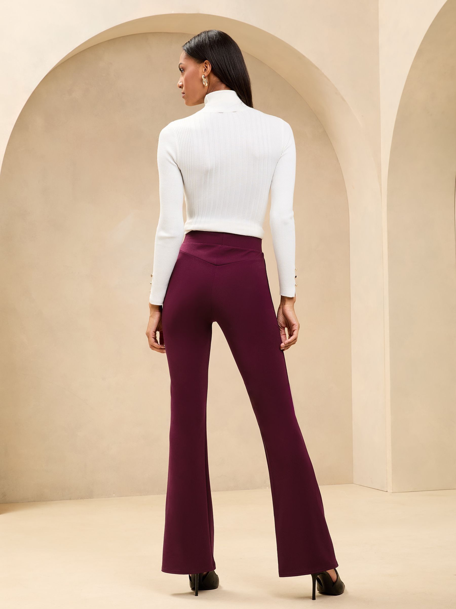 Buy Lipsy Burgundy Red High Waisted Contour Bootleg Flared Trousers ...