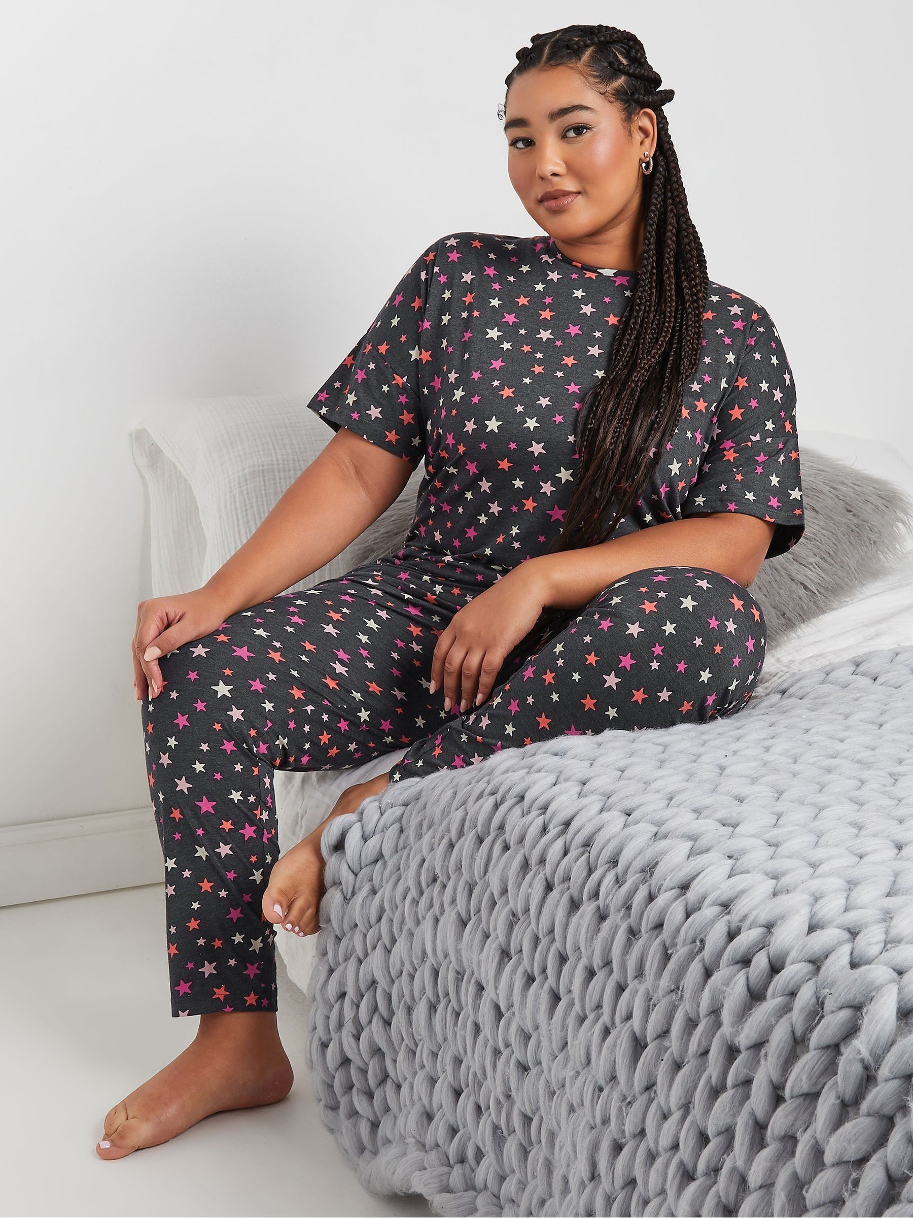 Buy Yours Curve Grey Colourful Stars Short Sleeve Tapered Pyjamas Set ...