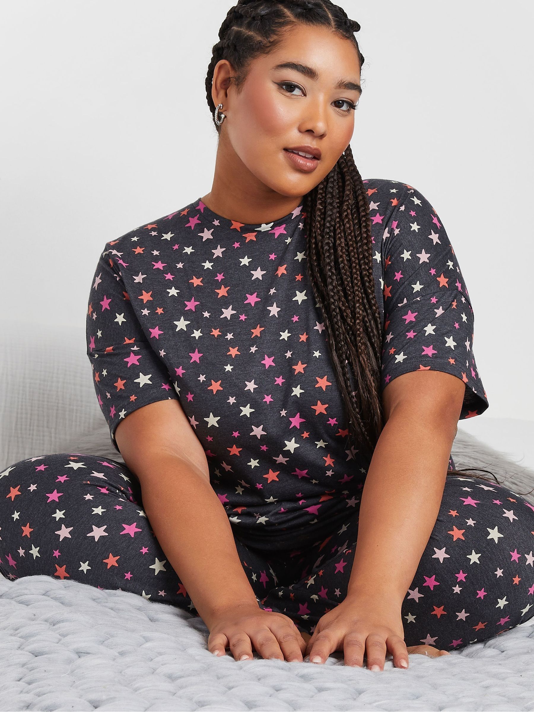 Buy Yours Curve Grey Colourful Stars Short Sleeve Tapered Pyjamas Set ...