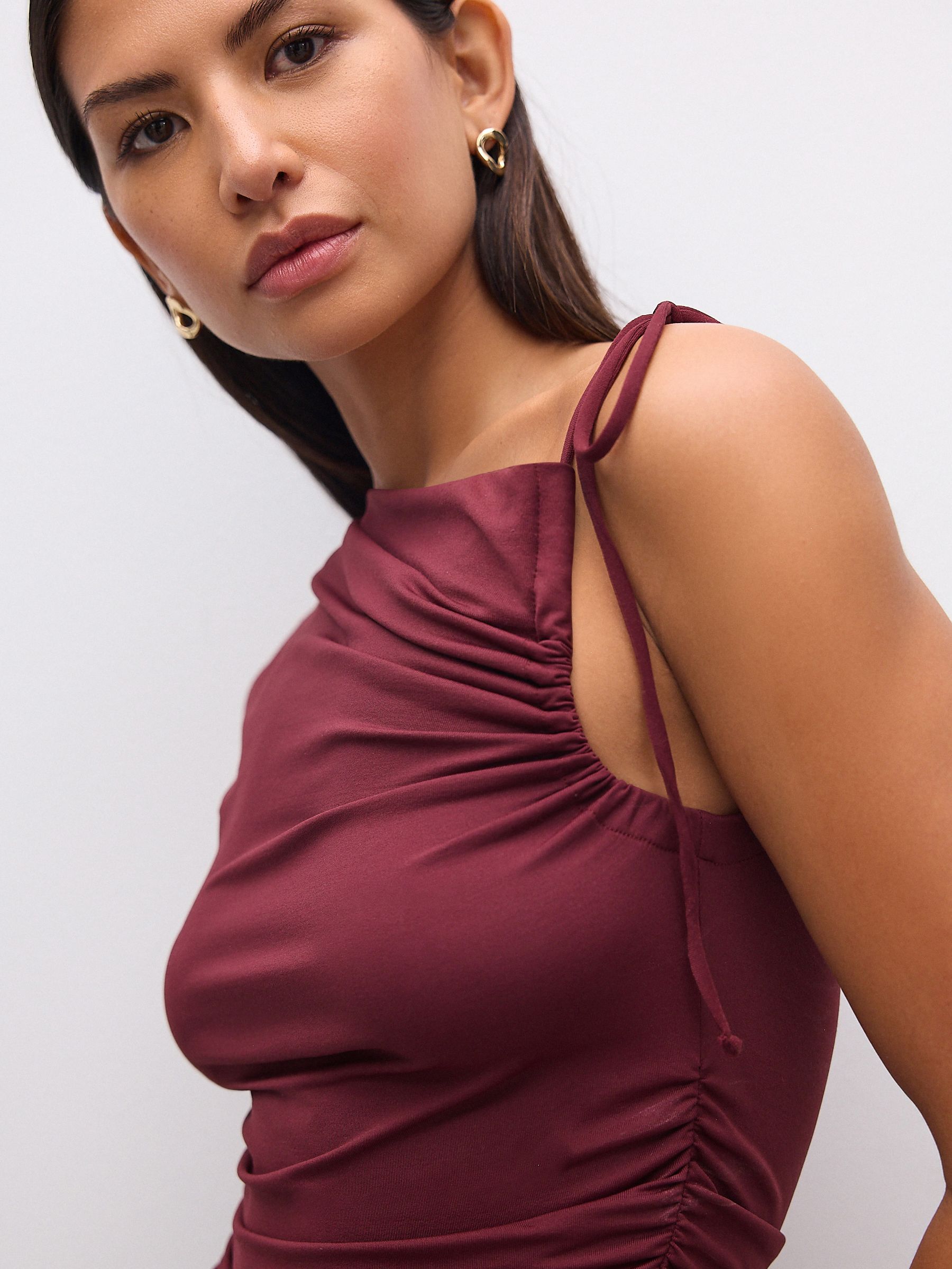 Buy Burgundy Red Soft Touch Polyamide Ruched Sleeveless Top from the ...