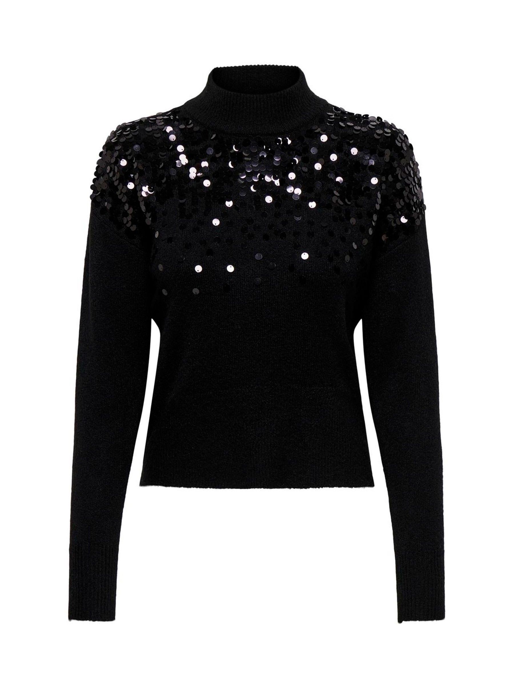 Buy ONLY Black Long Sleeve High Neck Sequin Knitted Jumper from the ...