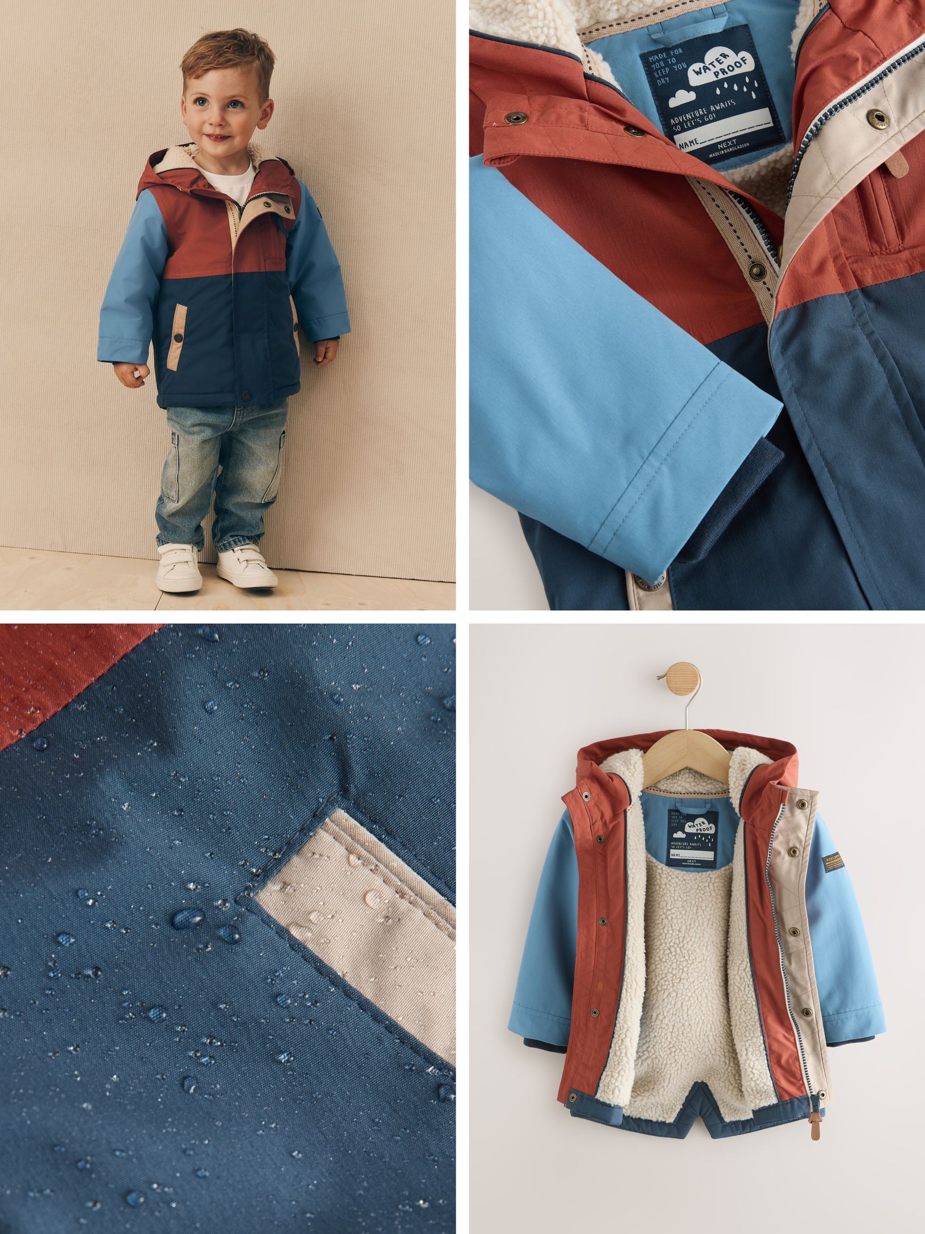 Buy Navy/Red Colourblock Waterproof Borg Lined Parka Coat (3mths-7yrs ...