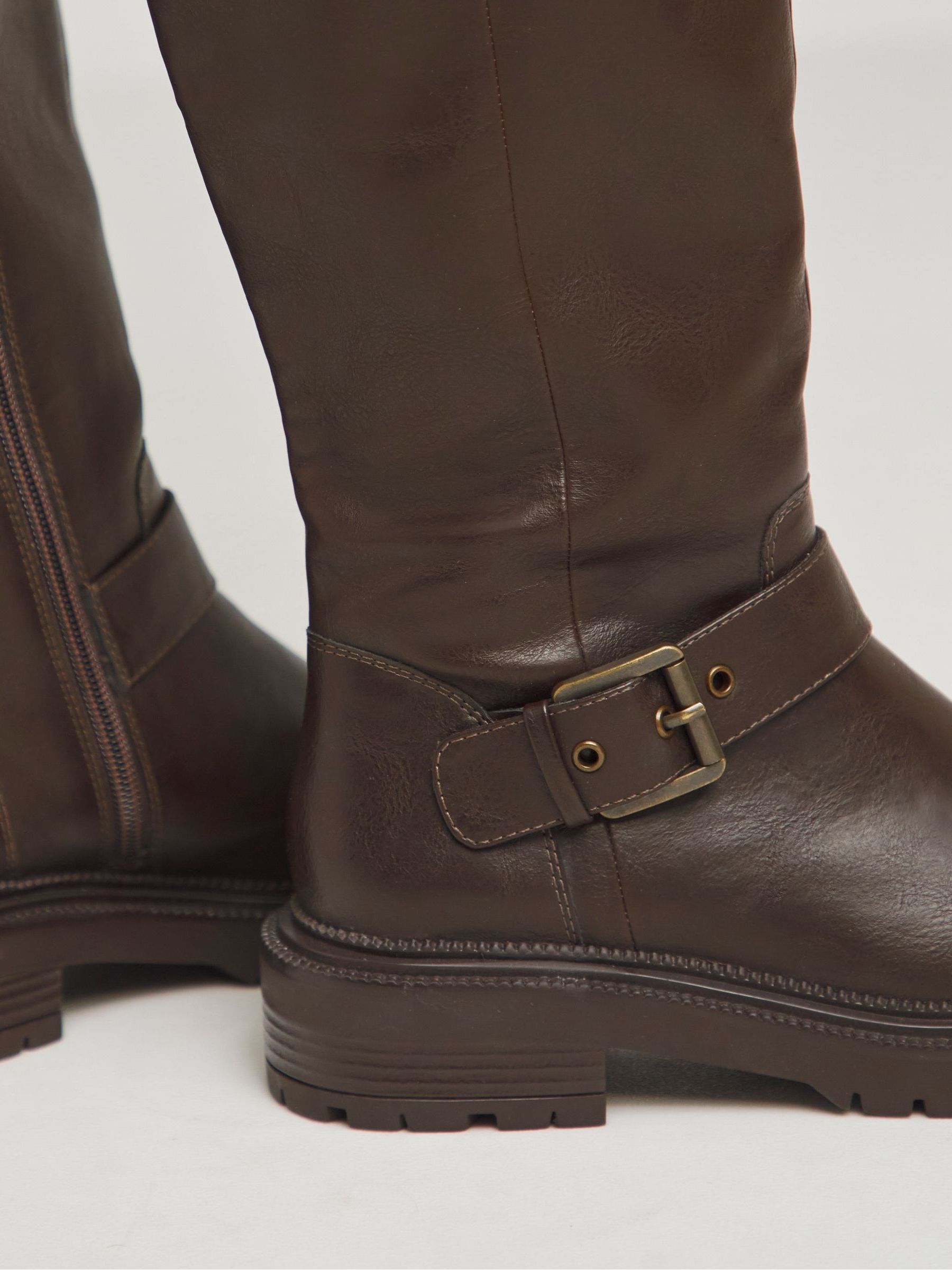 Buy Simply Be Brown Casual Double Buckle Detail Knee High Boots In Wide ...