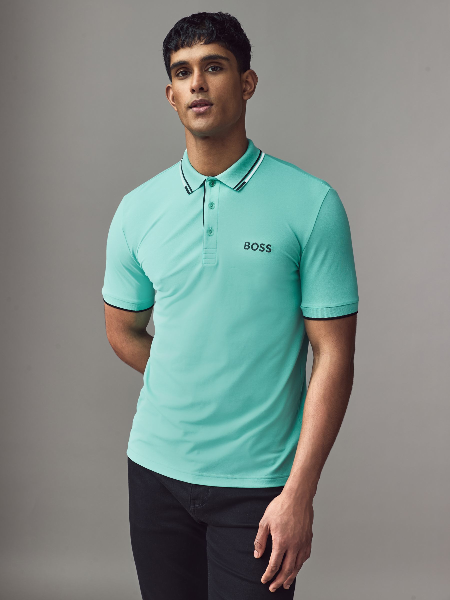 Buy BOSS Turquoise Golf Paddy Pro Stripe Detail Polo Shirt from the ...