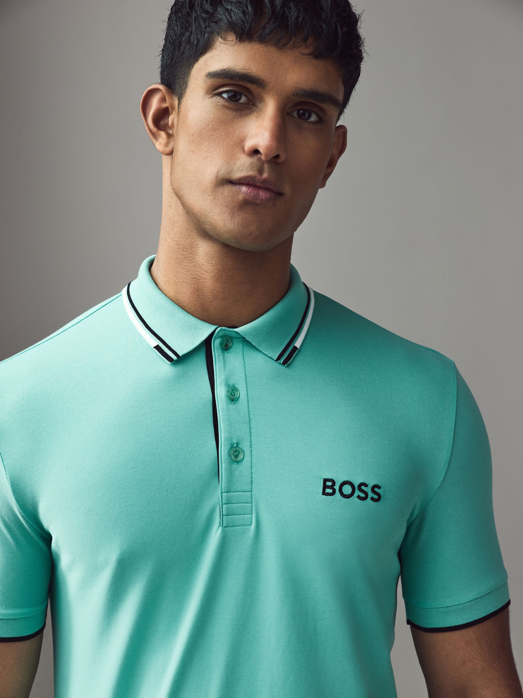 Buy BOSS Turquoise Golf Paddy Pro Stripe Detail Polo Shirt from the ...