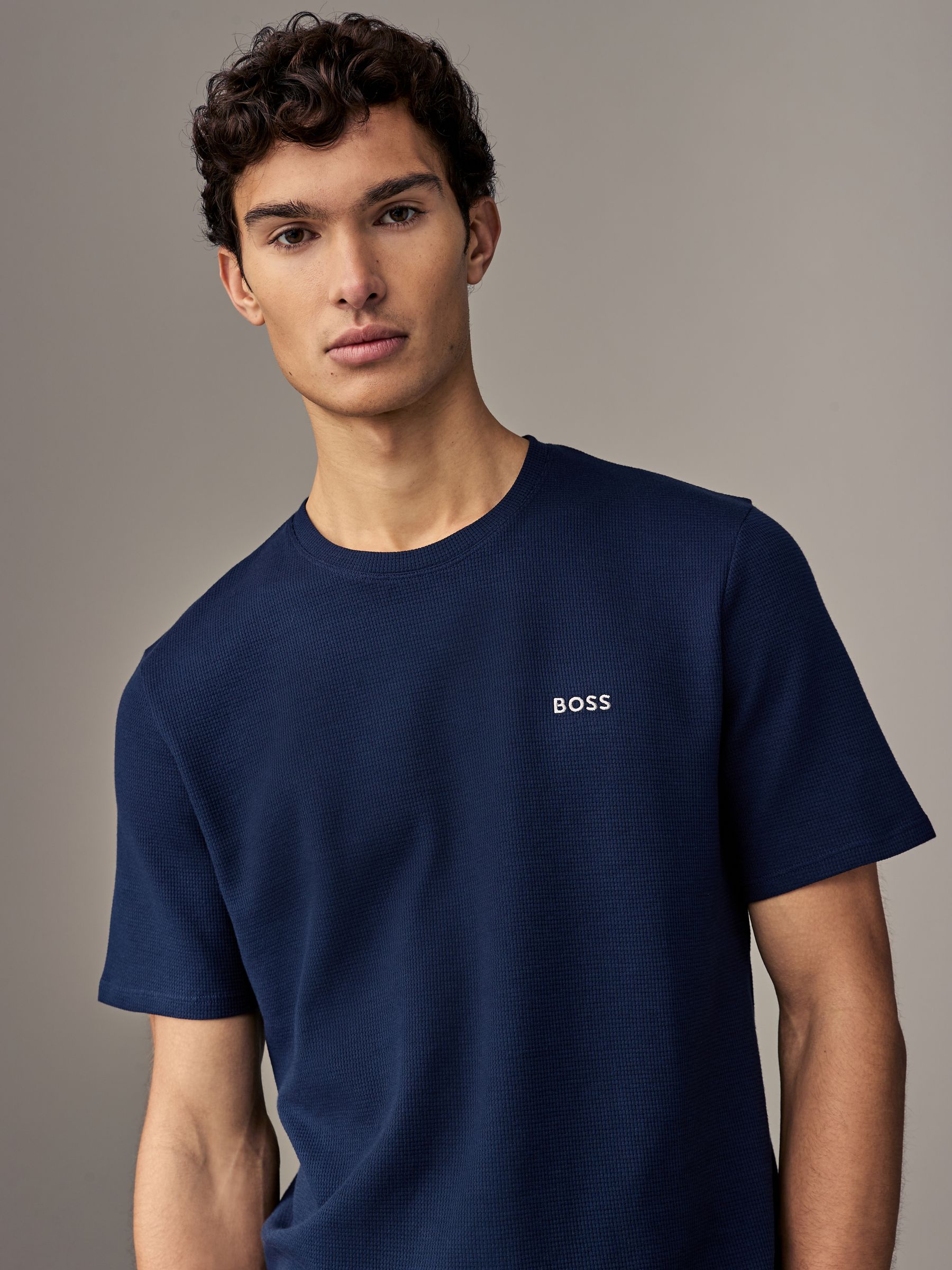 Buy BOSS Navy Short Sleeve Logo Waffle T-Shirt from the Next UK online shop