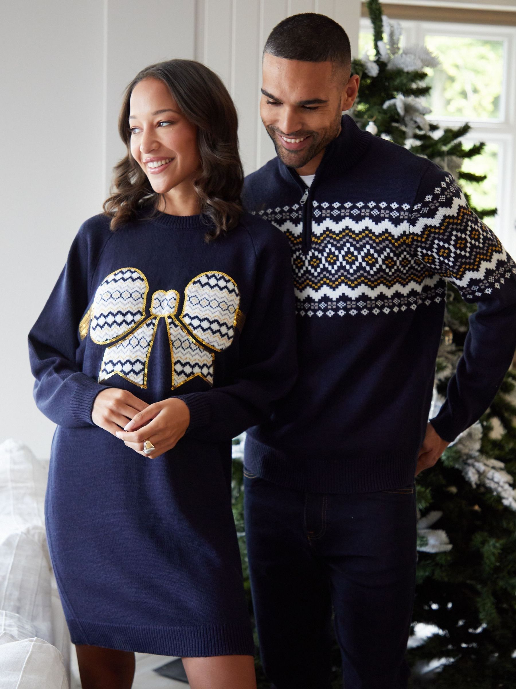 Buy Threadbare Blue Quarter Zip Christmas Fairisle Pattern Jumper from ...