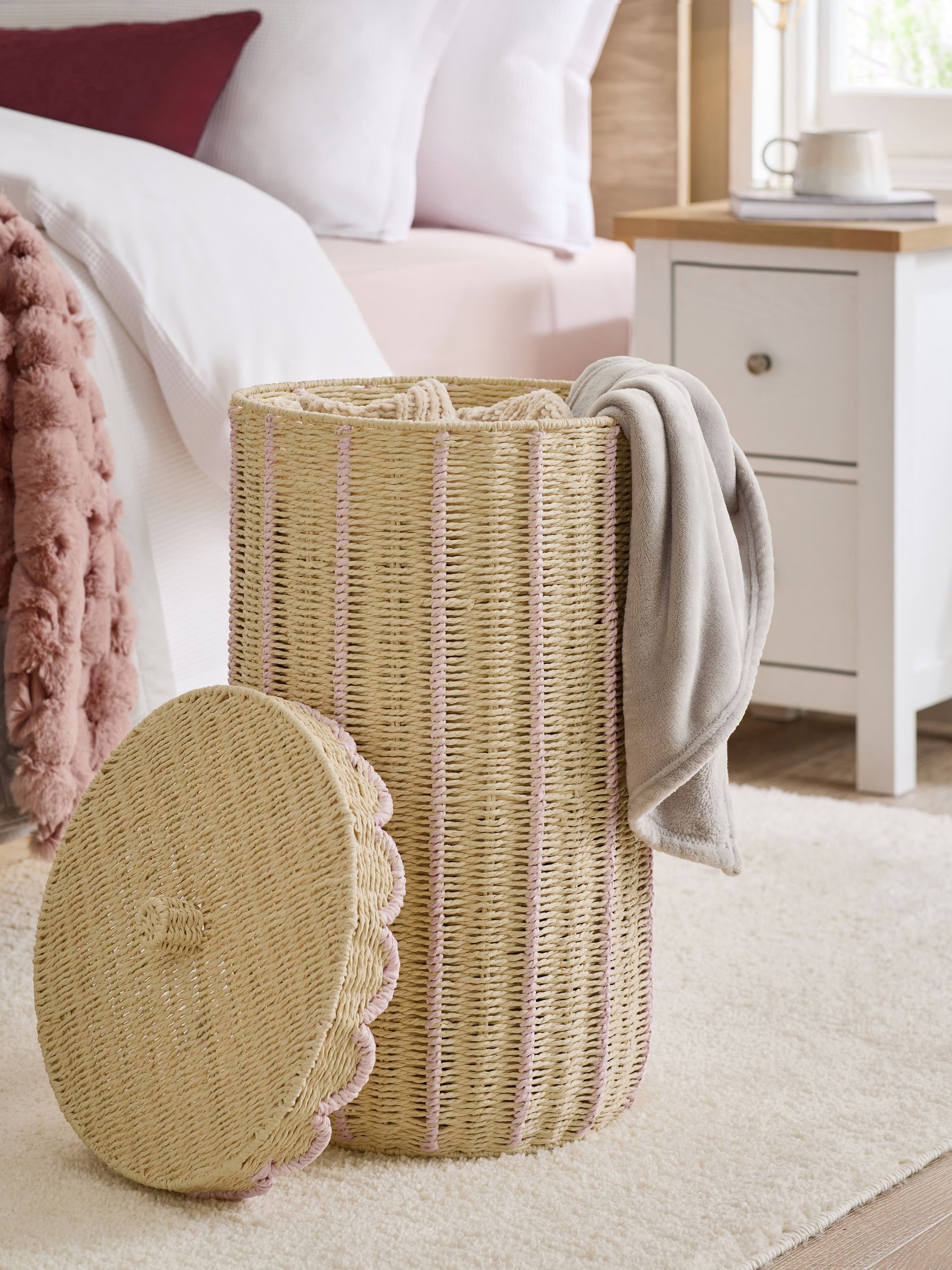 Buy Natural/Pink Scallop Wicker Laundry Basket with Lid from Next Germany