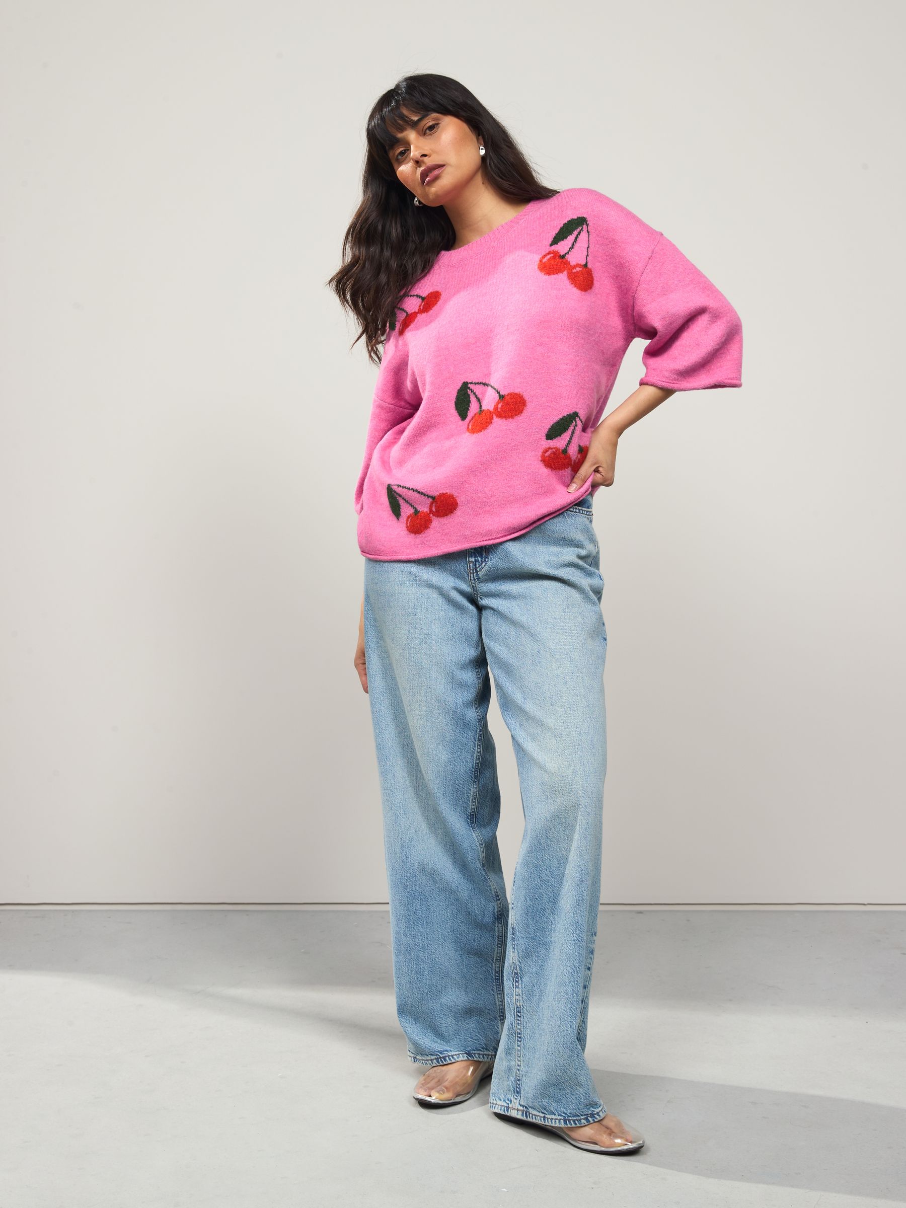 Buy Pink Cherry Print Knitted Half Sleeve Top from the Next UK online shop