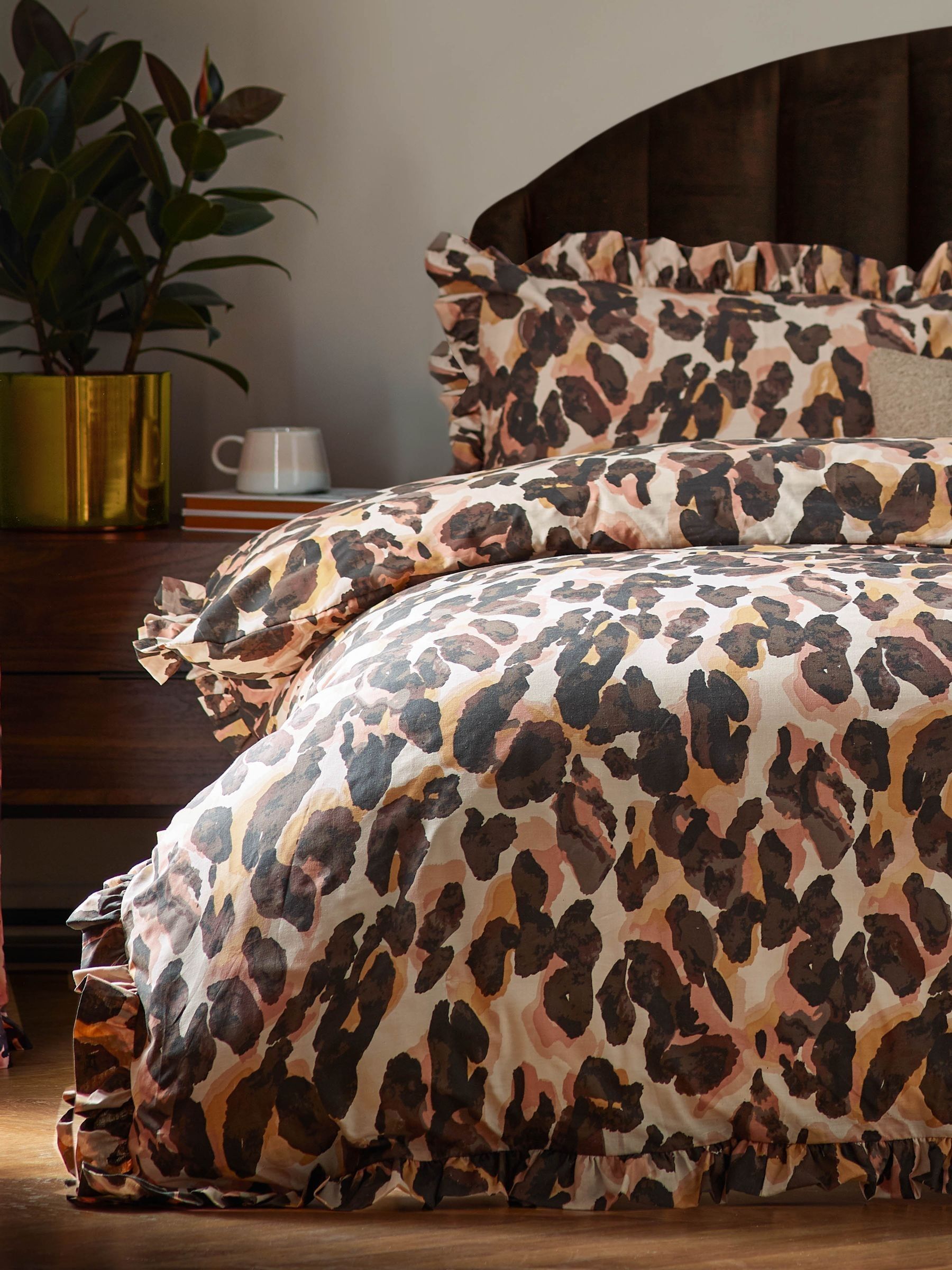 Buy Furn Brown Leopard Print Ruffle Duvet Cover and Pillowcase Set from ...