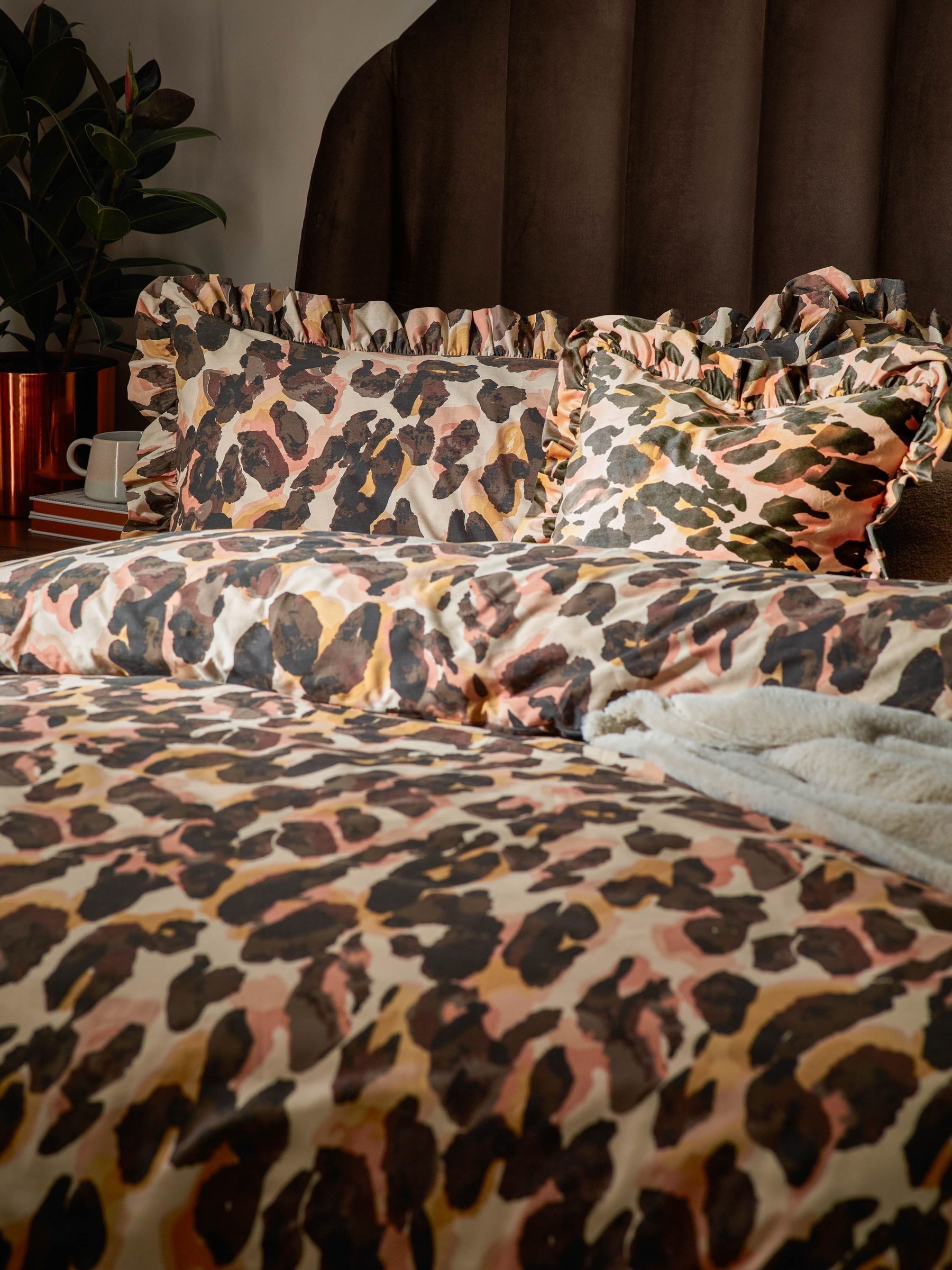 Buy Furn Brown Leopard Print Ruffle Duvet Cover and Pillowcase Set from ...
