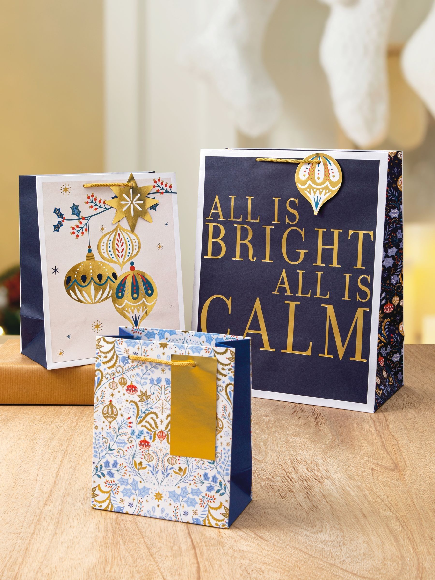 Buy Hallmark 3 Pack Blue Christmas Gift Bags in 3 Festive Designs from ...