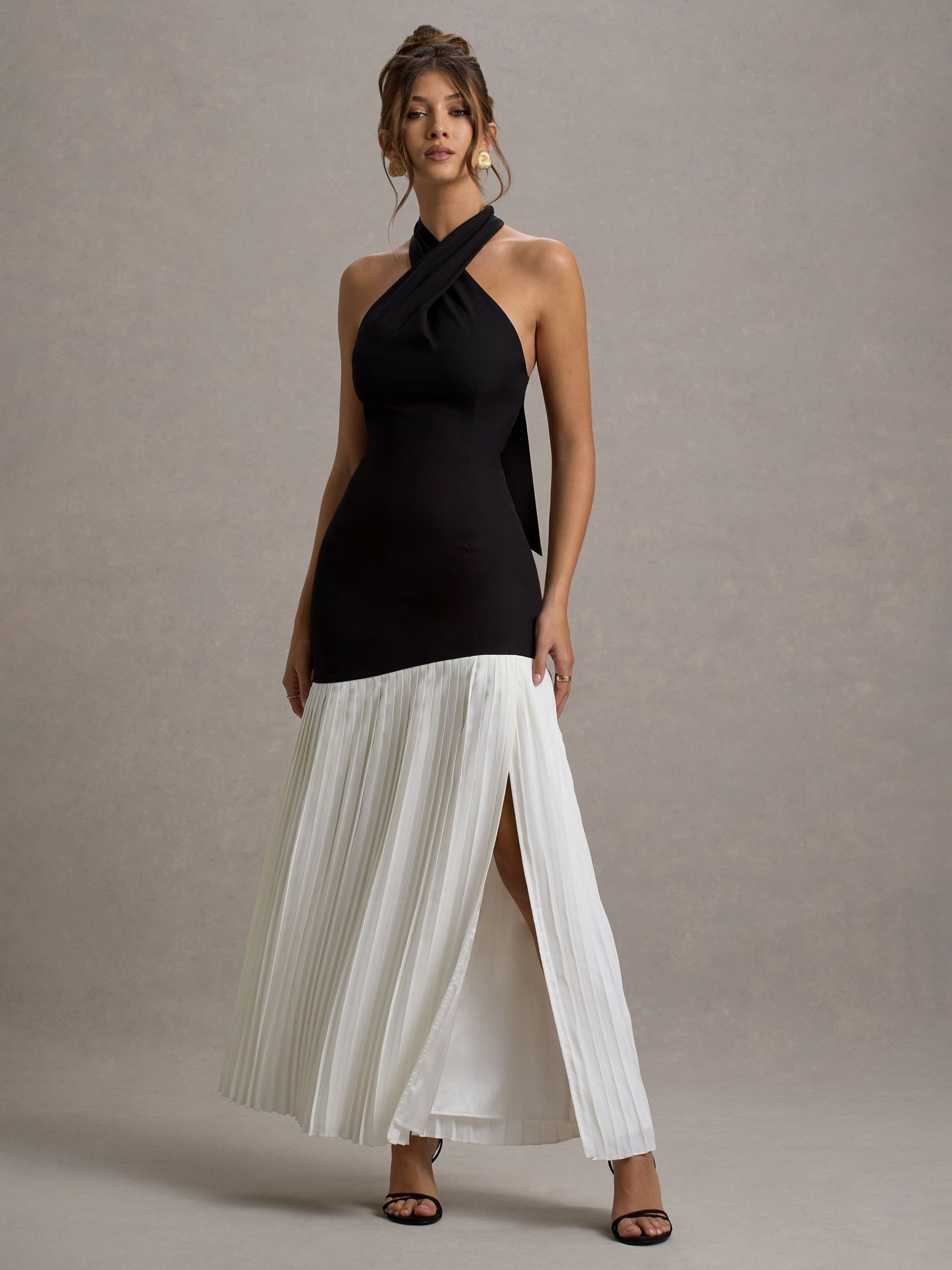 Buy Club L London Black Khai Halter-Neck Maxi Dress With Plisse Skirt ...