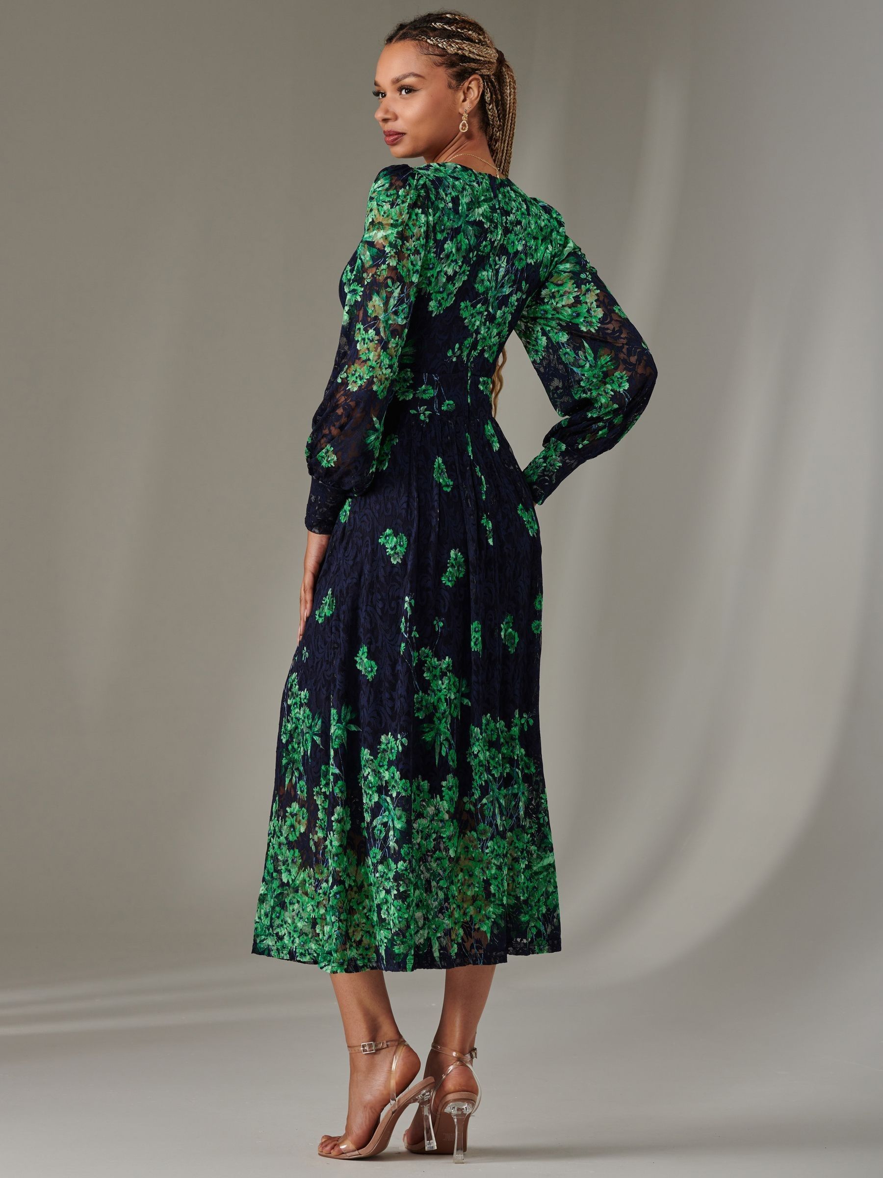Buy Jolie Moi Green Dalia Symmetrical Print Lace Maxi Dress from the ...