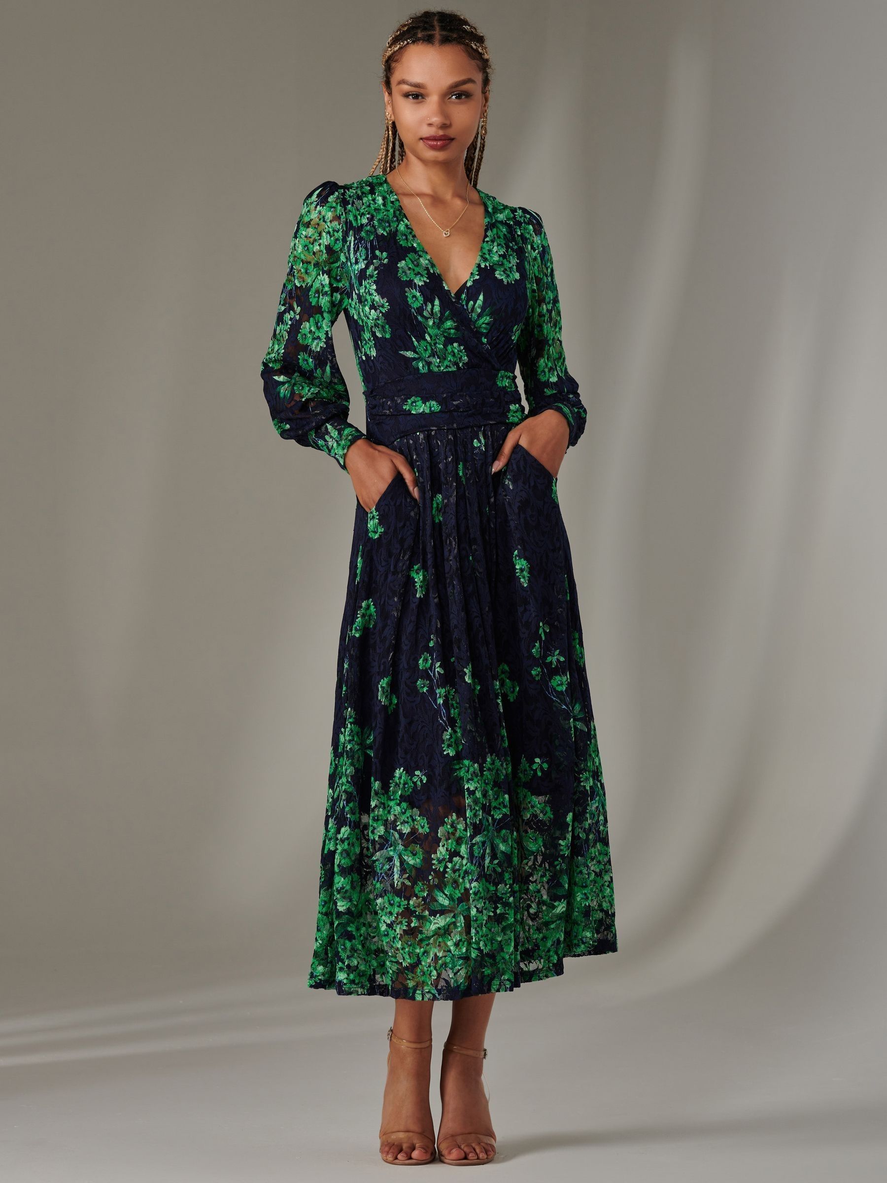Buy Jolie Moi Green Dalia Symmetrical Print Lace Maxi Dress from the ...
