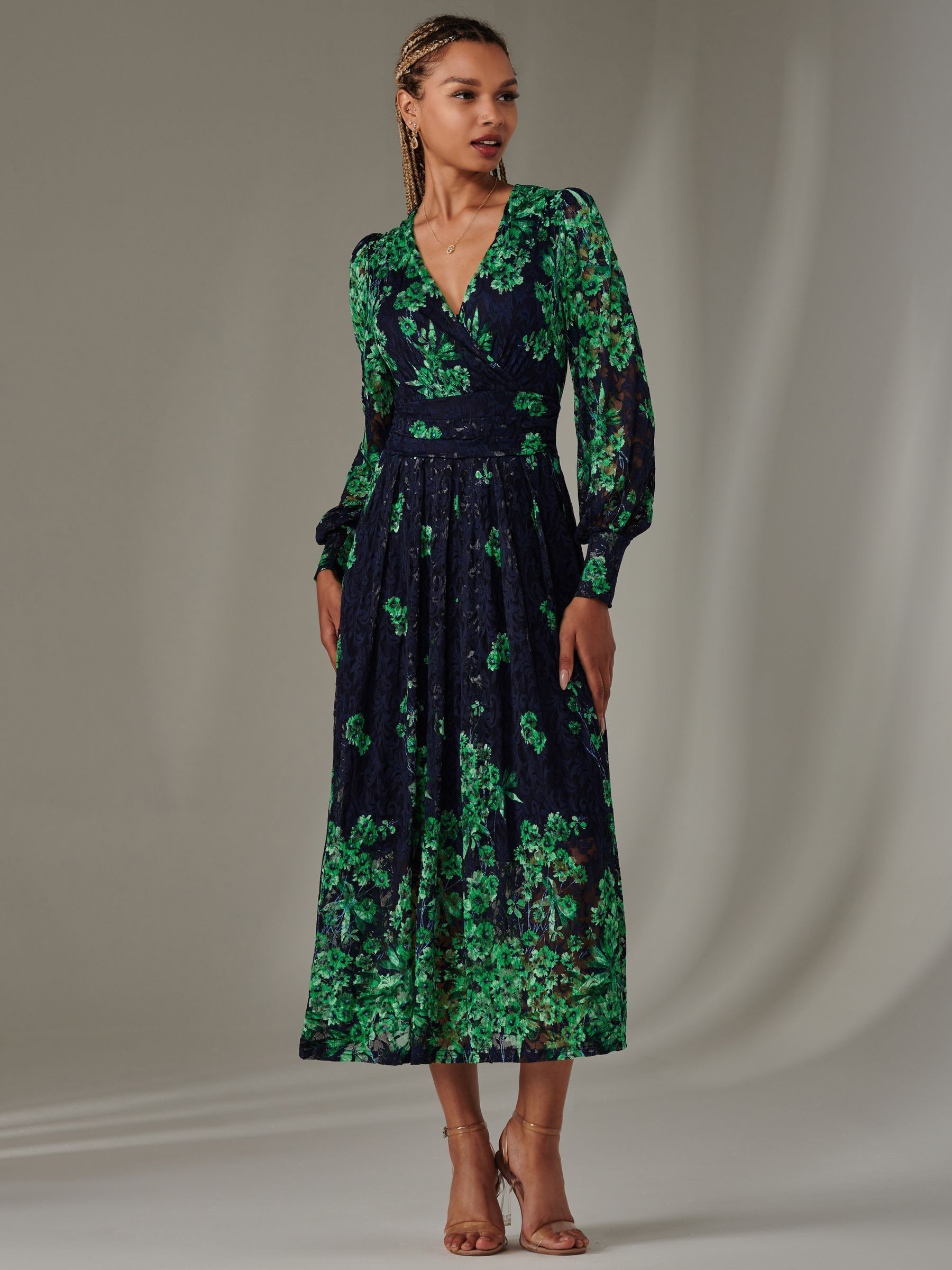 Buy Jolie Moi Green Dalia Symmetrical Print Lace Maxi Dress from the ...