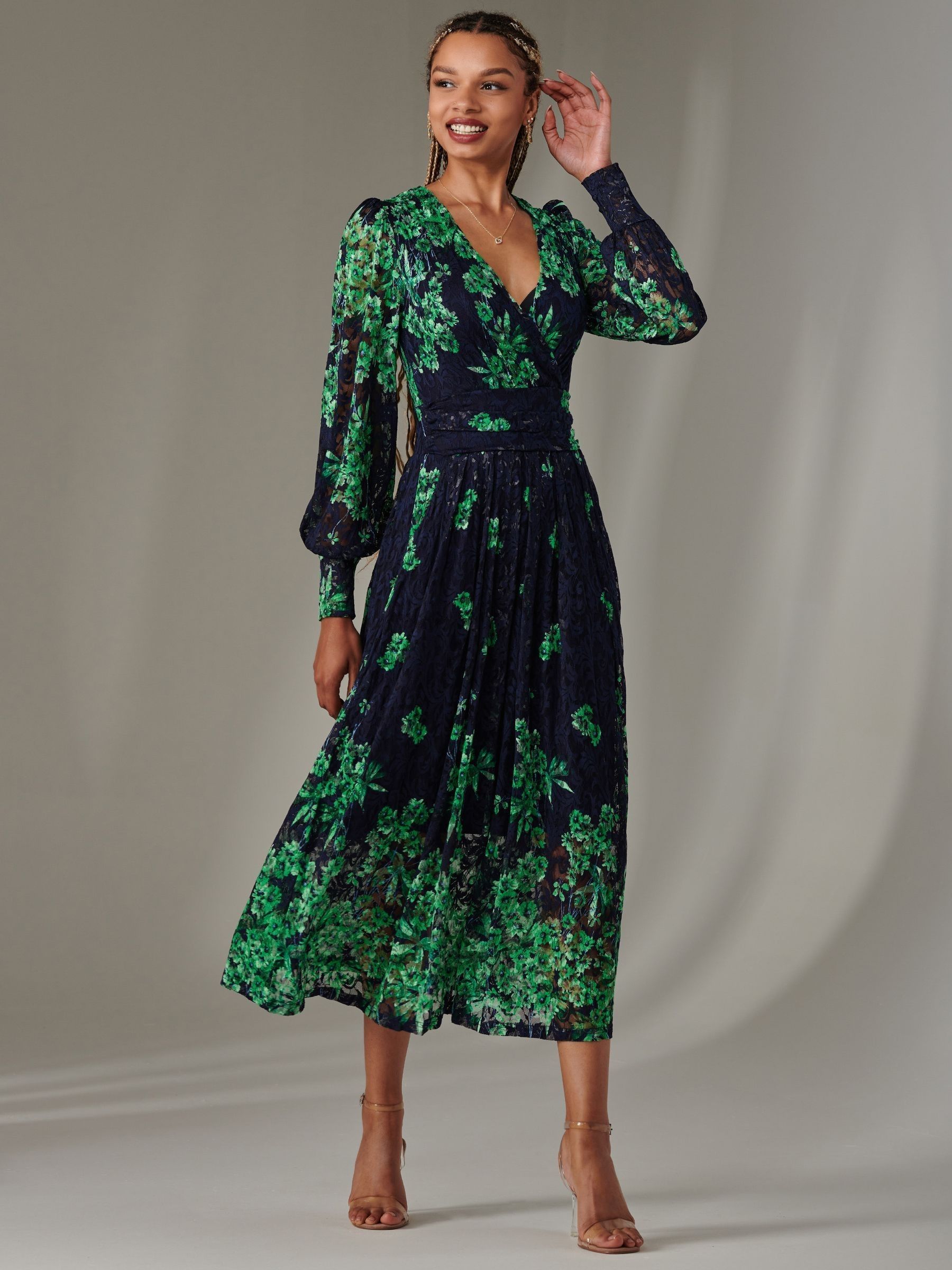 Buy Jolie Moi Green Dalia Symmetrical Print Lace Maxi Dress from the ...