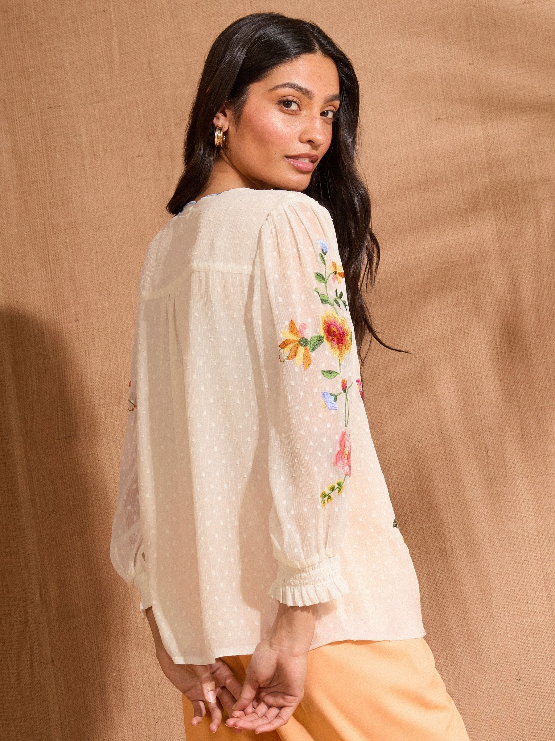 Buy Love & Roses Ivory Embroidered Scallop Detail Long Sleeve Blouse ...