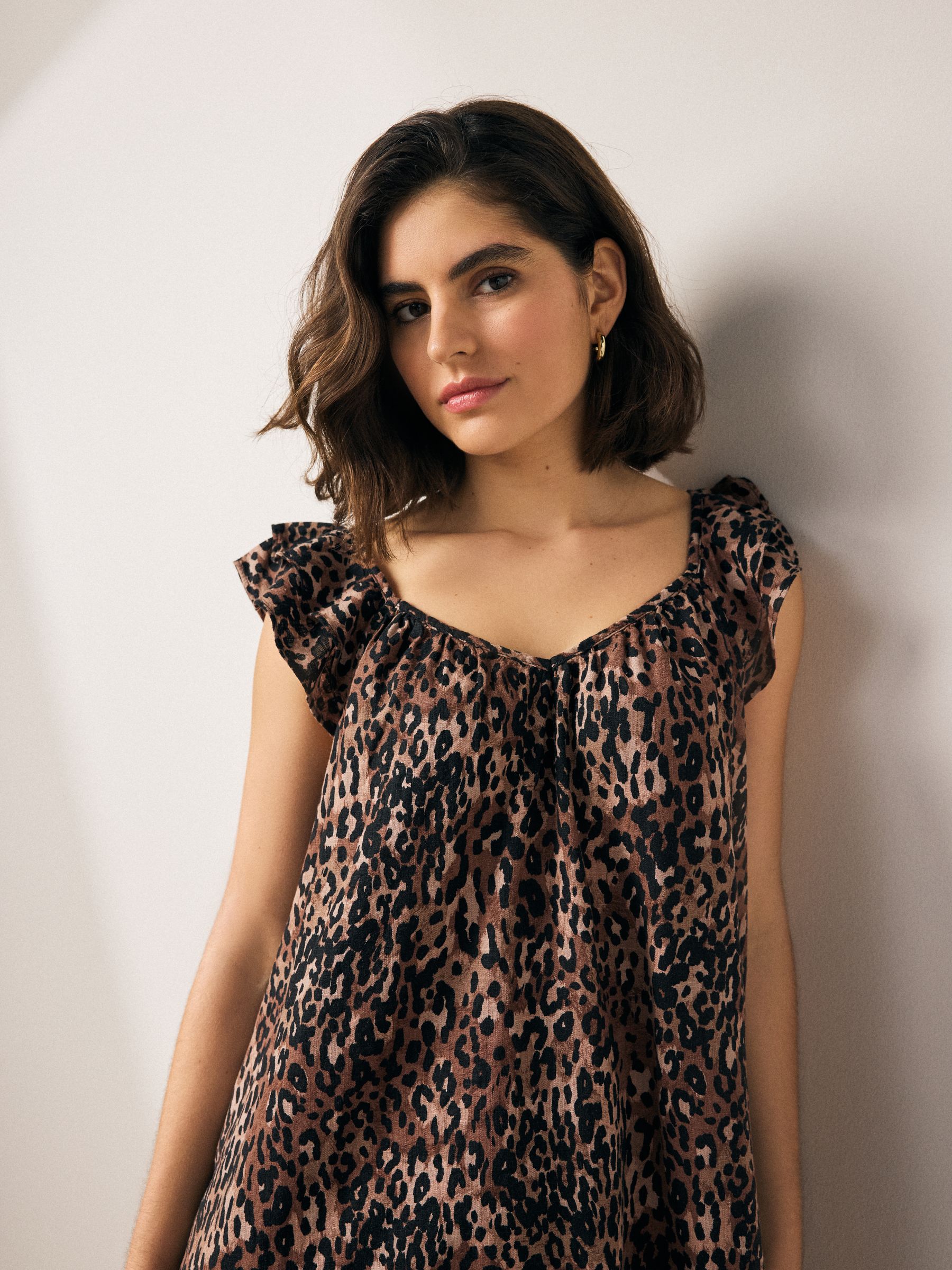 Buy Animal Leopard Print V-Neck Ruffle Sleeve Mini Dress with Linen ...