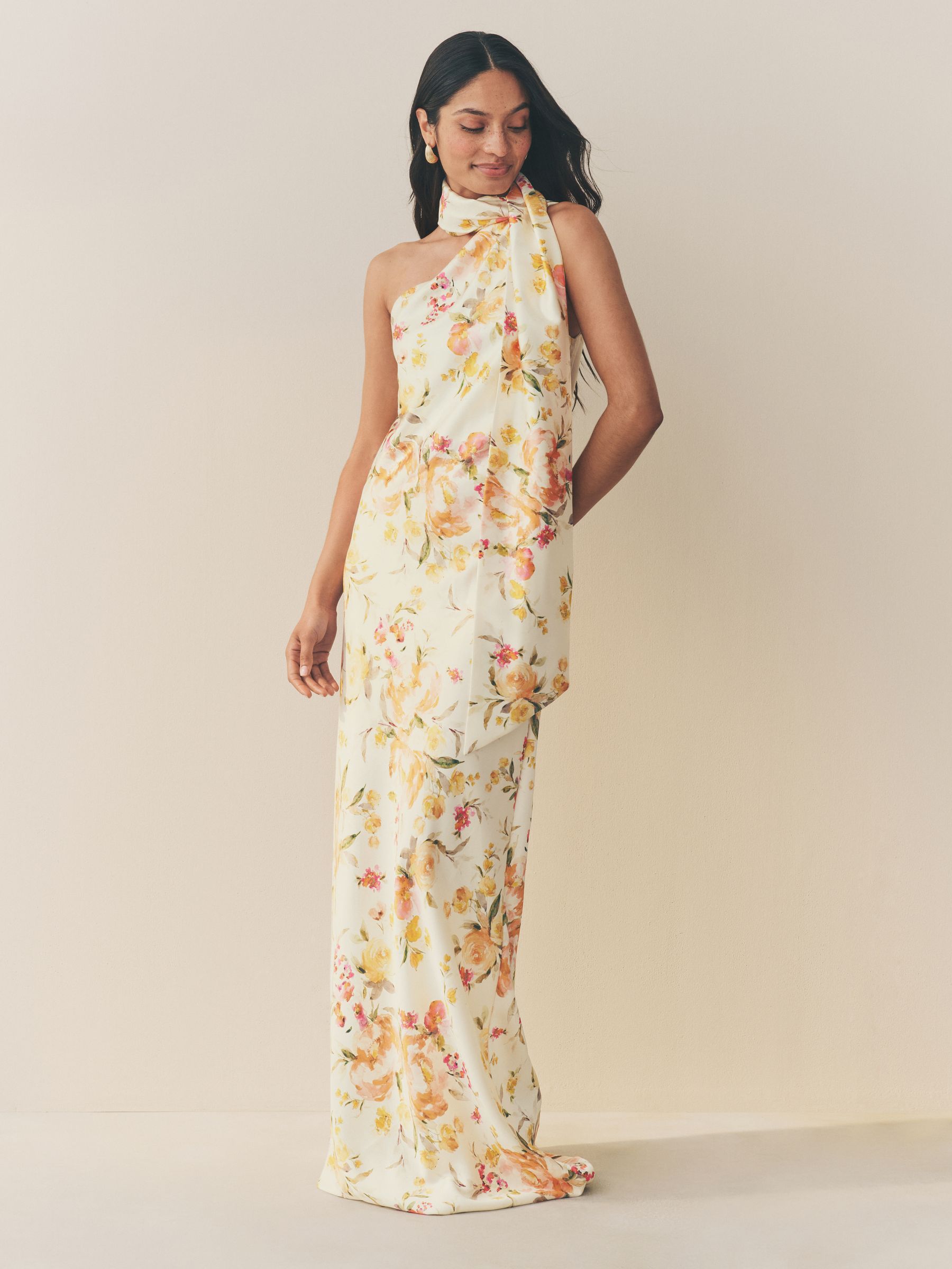 Buy Yellow Floral Satin One Shoulder Scarf Wedding Guest Bridesmaid ...