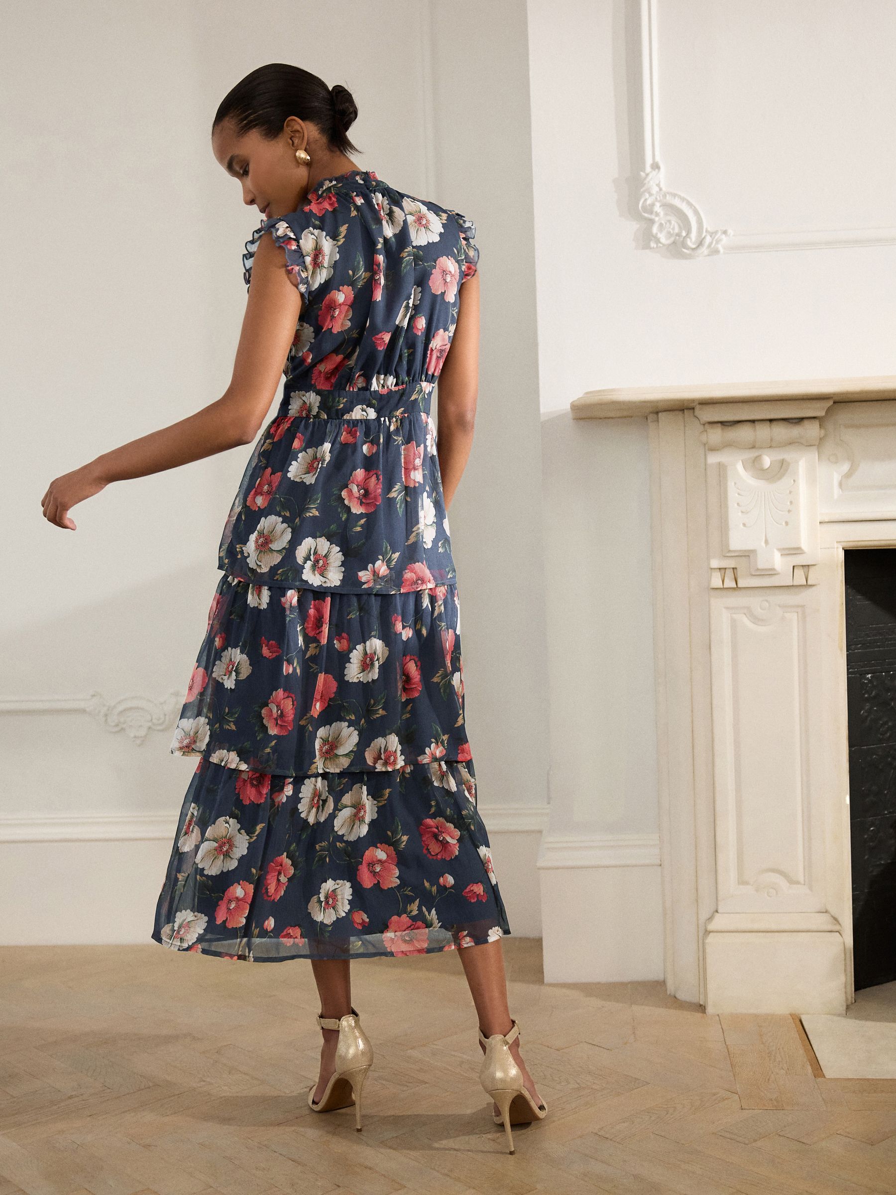 Buy Navy Blue Floral Printed High Neck Tiered Occasion Maxi Dress from ...
