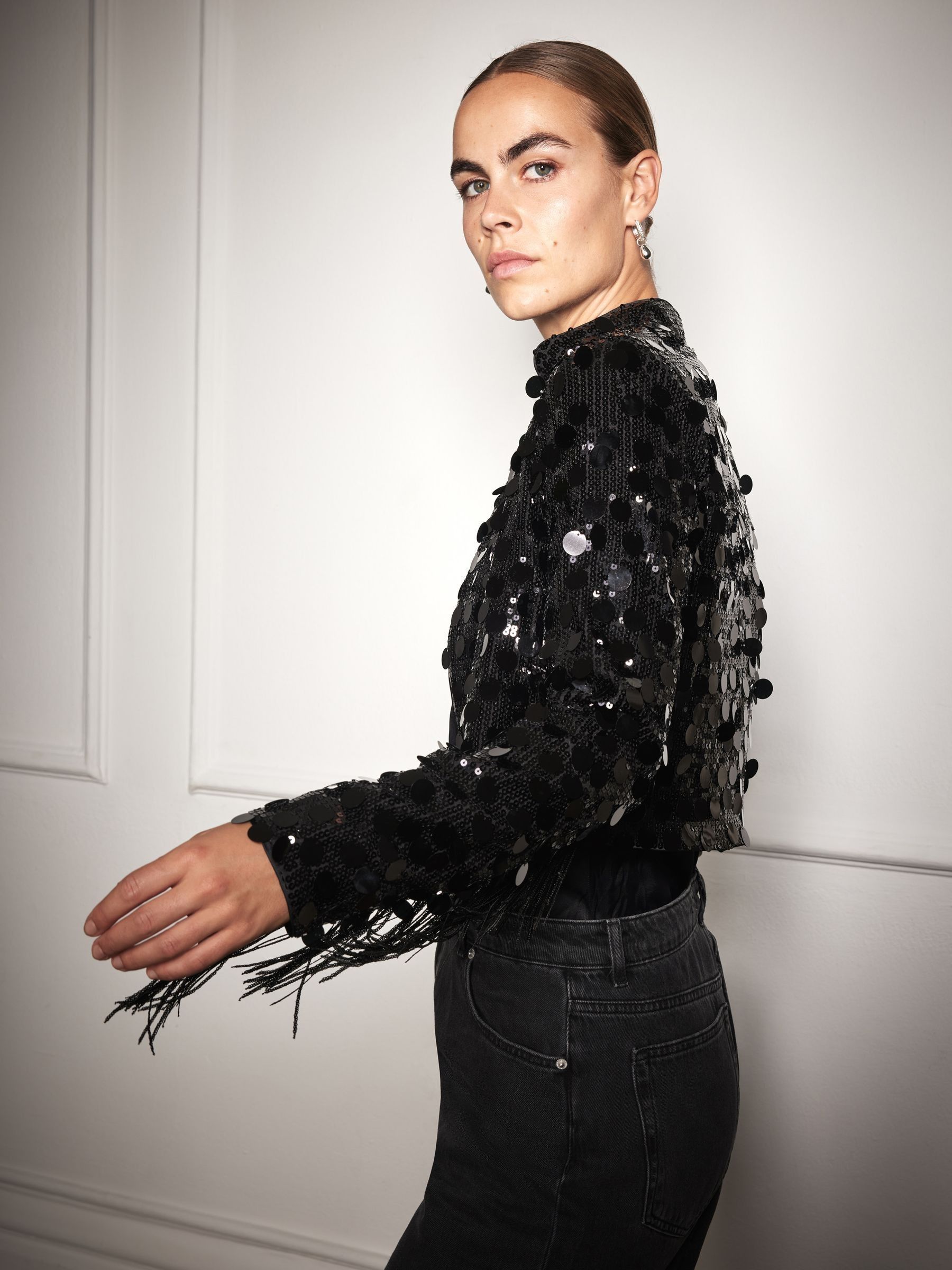 Buy Mint Velvet Black Sequin Fringed Shrug from the Next UK online shop