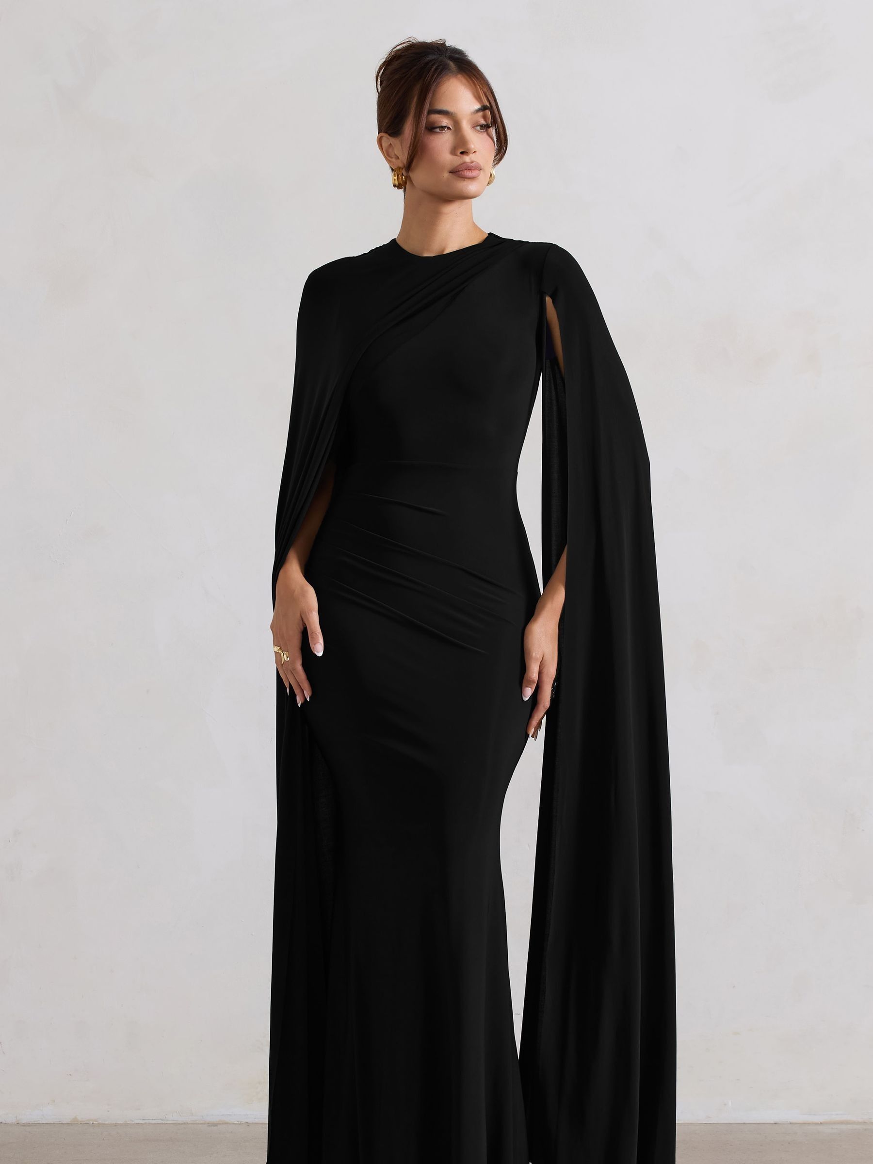 Buy Club L London Black Magdelena Asymmetric Cape Maxi Dress from the ...