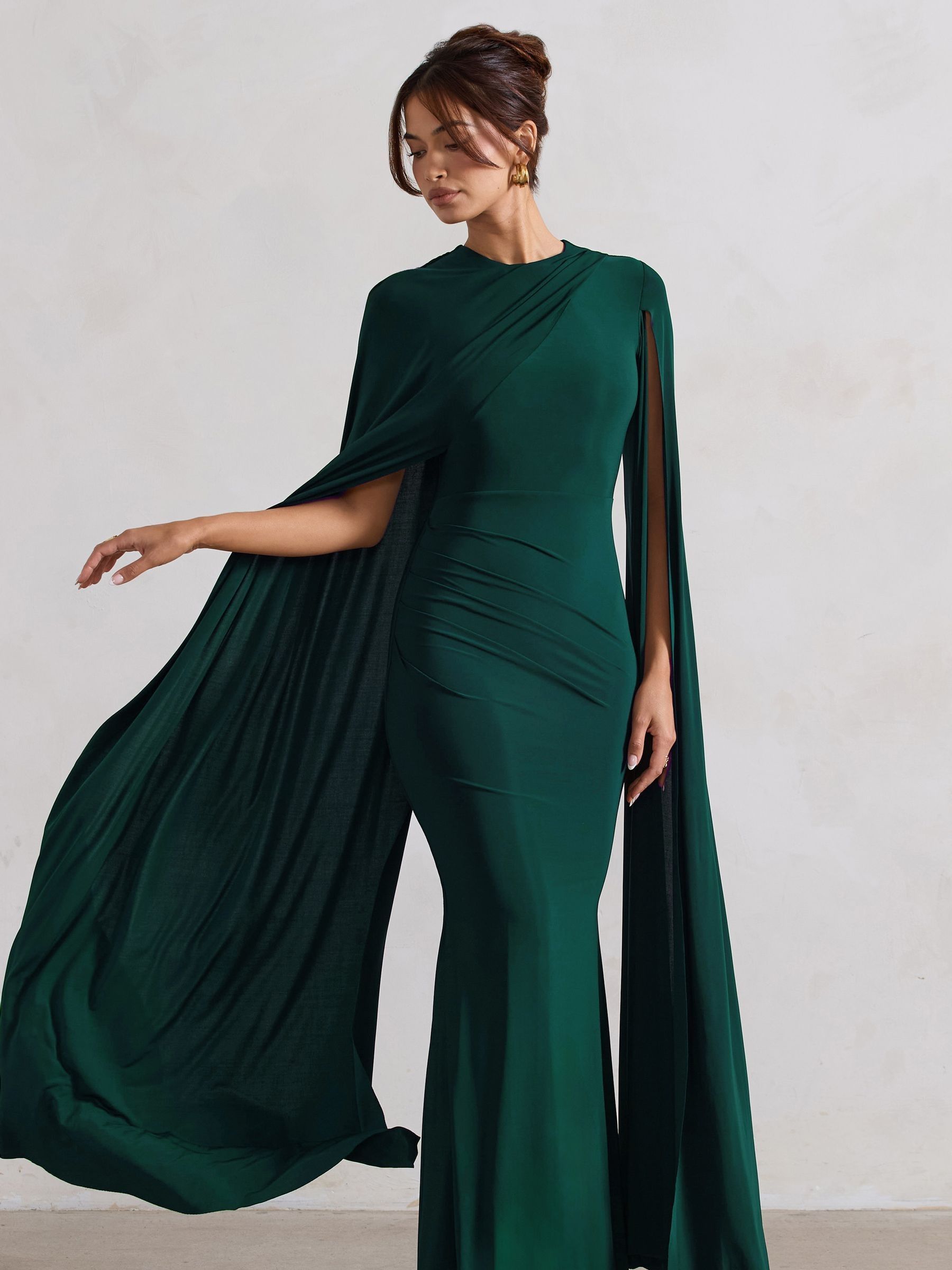 Buy Club L London Green Magdelena Asymmetric Cape Maxi Dress from the ...