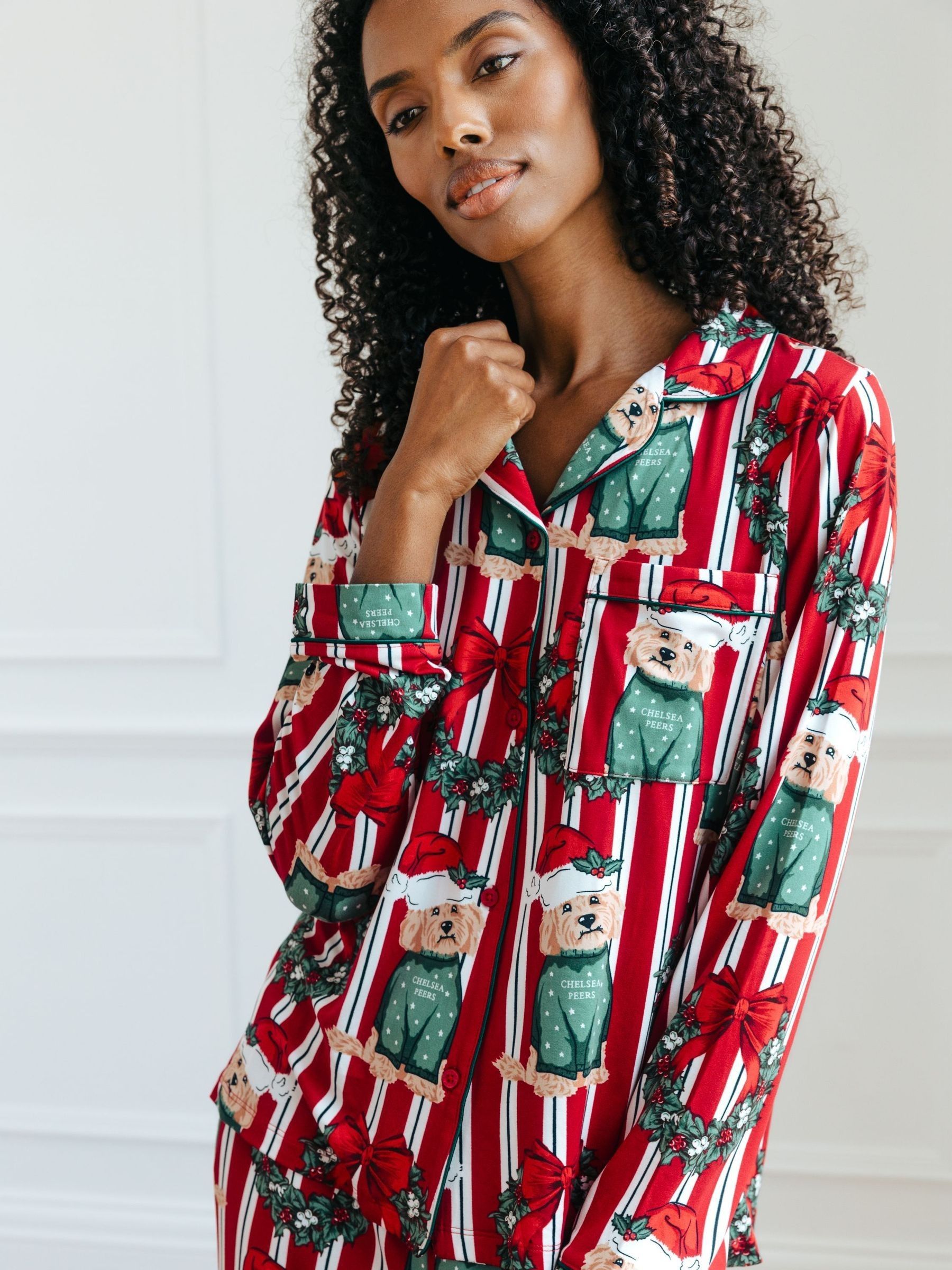 Buy Chelsea Peers Red Christmas Dog & Wreath Print Long Pyjama Set from ...