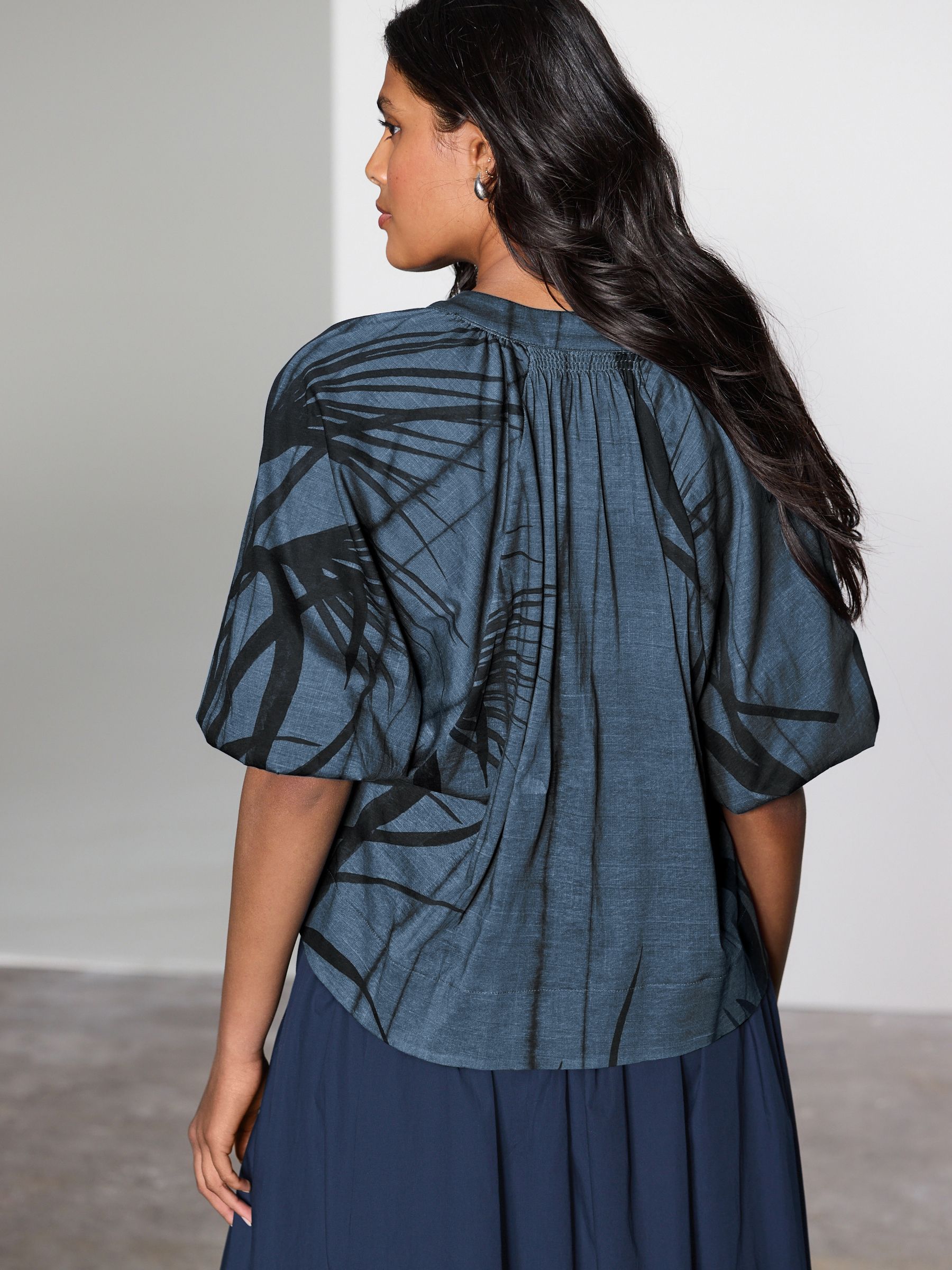 Buy Blue Print Volume Sleeve V-Neck Blouse from the Next UK online shop