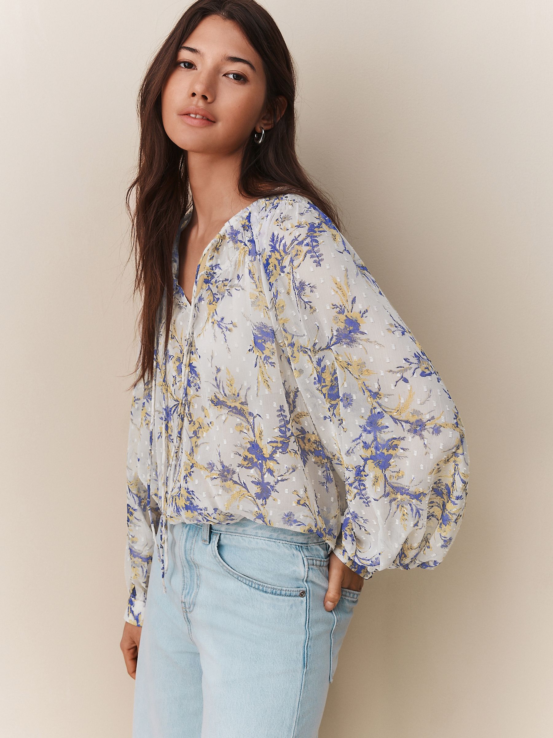 Buy Blue/Yellow Floral Print Sheer Tie Neck Long Sleeve Blouse from the ...